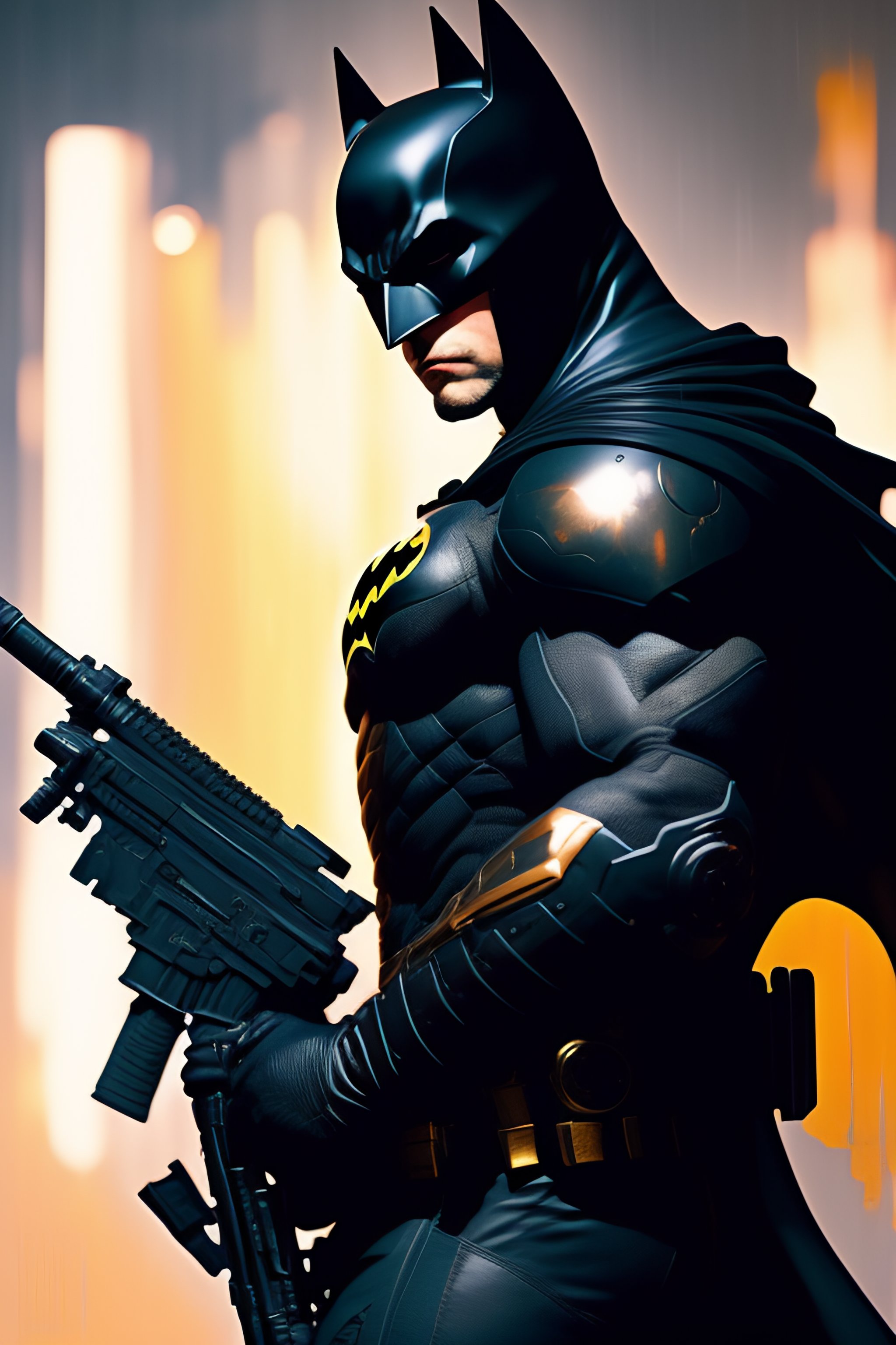 Lexica - Batman wearing metal gear armor holding gun dramatic lighting ...