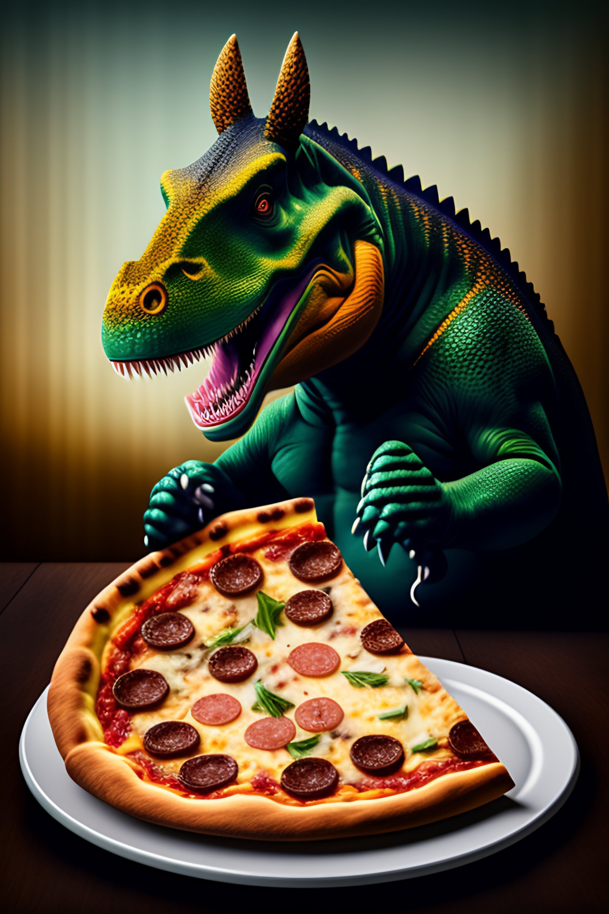 Lexica - Dinosaur eating pizza
