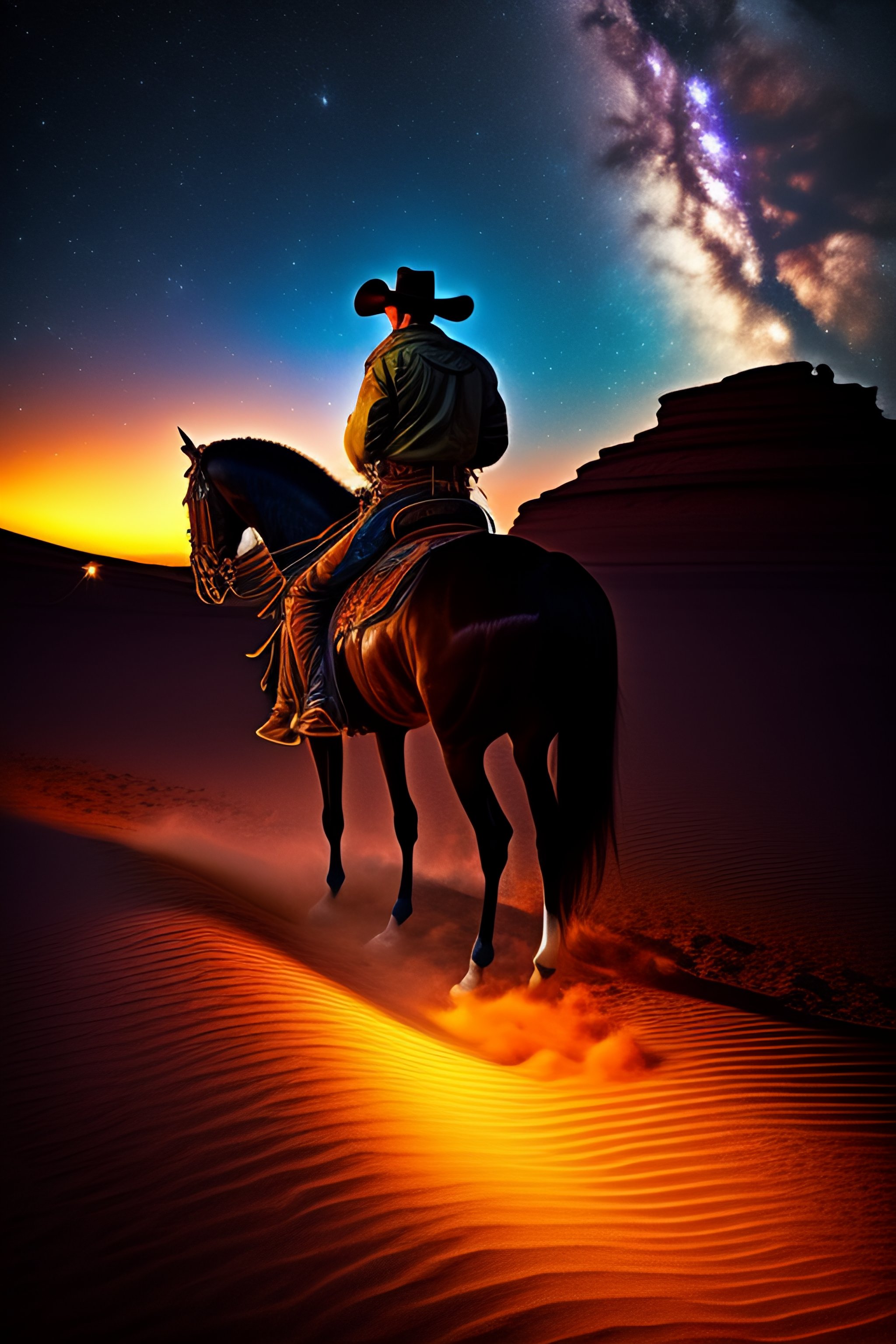 Lexica - Western Cowboy riding his horse at night under the milky way ...