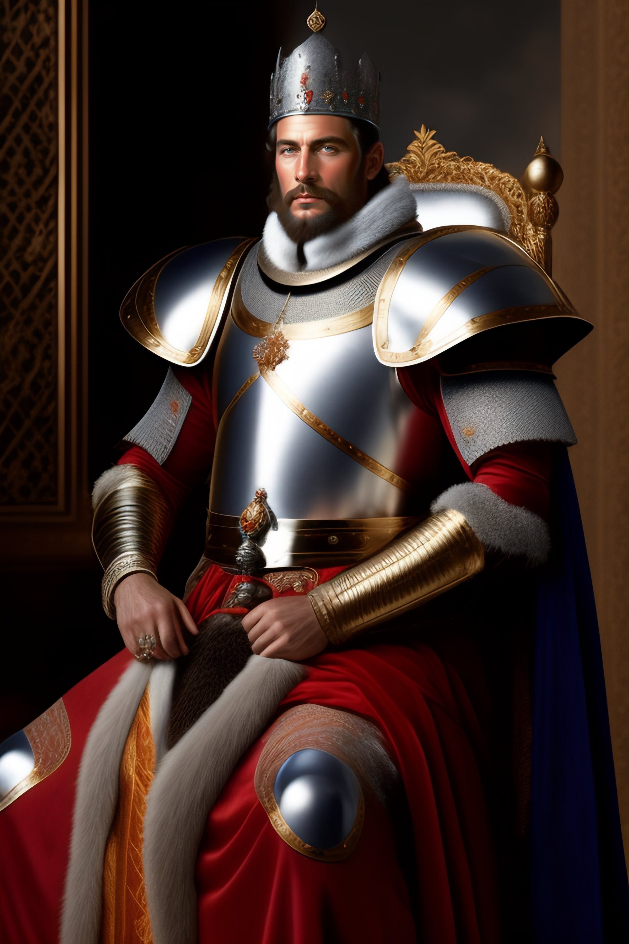 Lexica - A medieval baron in silver armor sitting on a throne