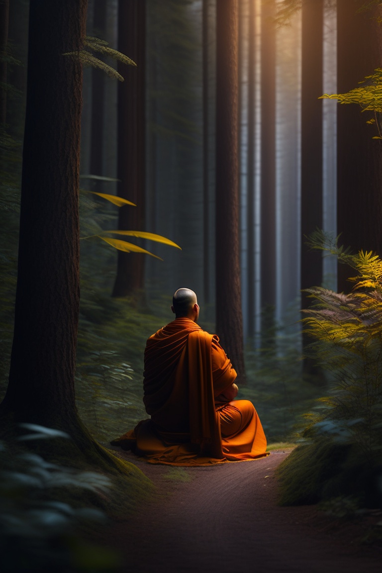 Lexica - A Buddhist monk meditating in a beautiful dark forest, very ...