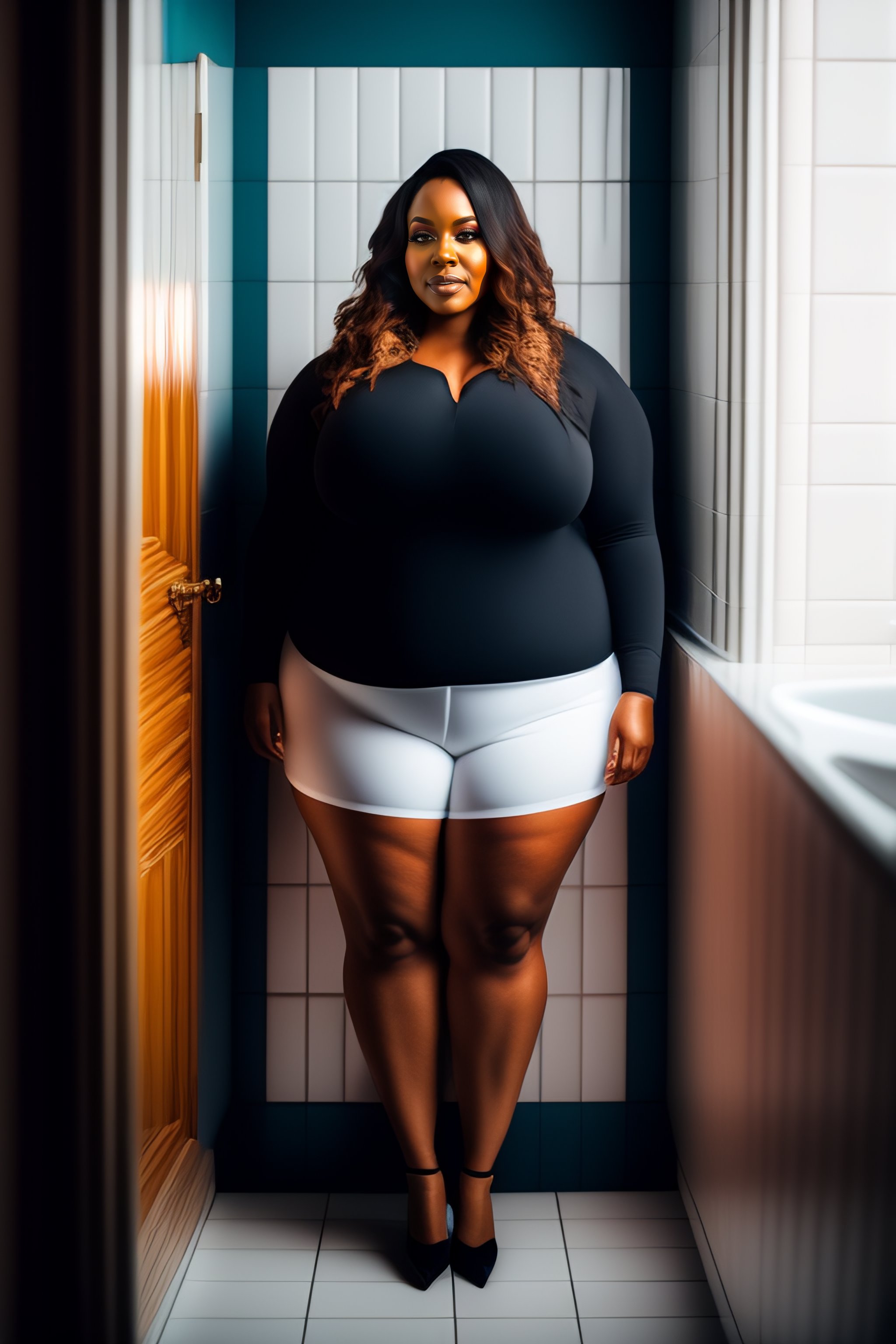 Lexica - Photo of a white thick woman standing in bathroom