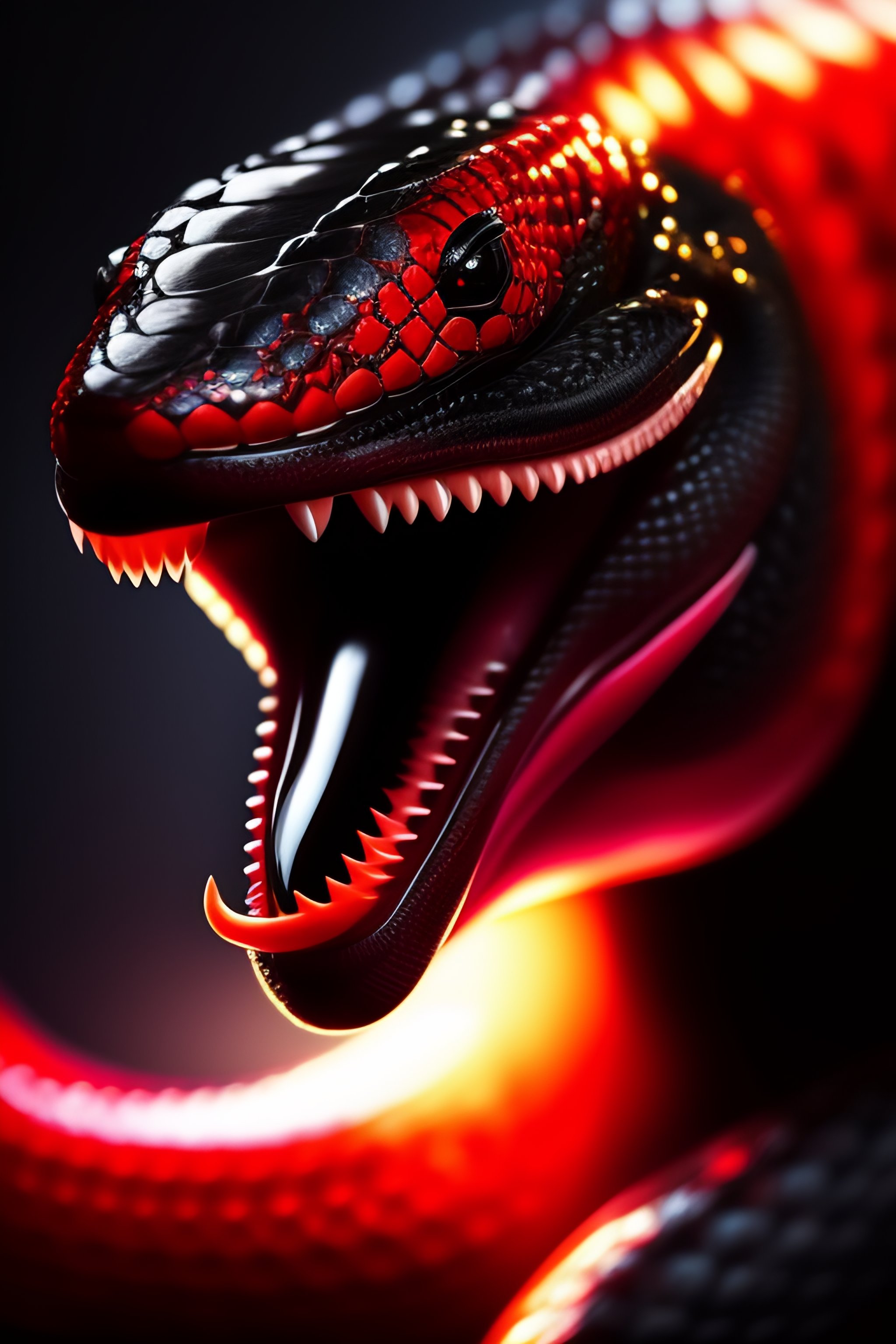 Lexica - Black colored snake!, red snake eyes, toothy mouth with fangs ...