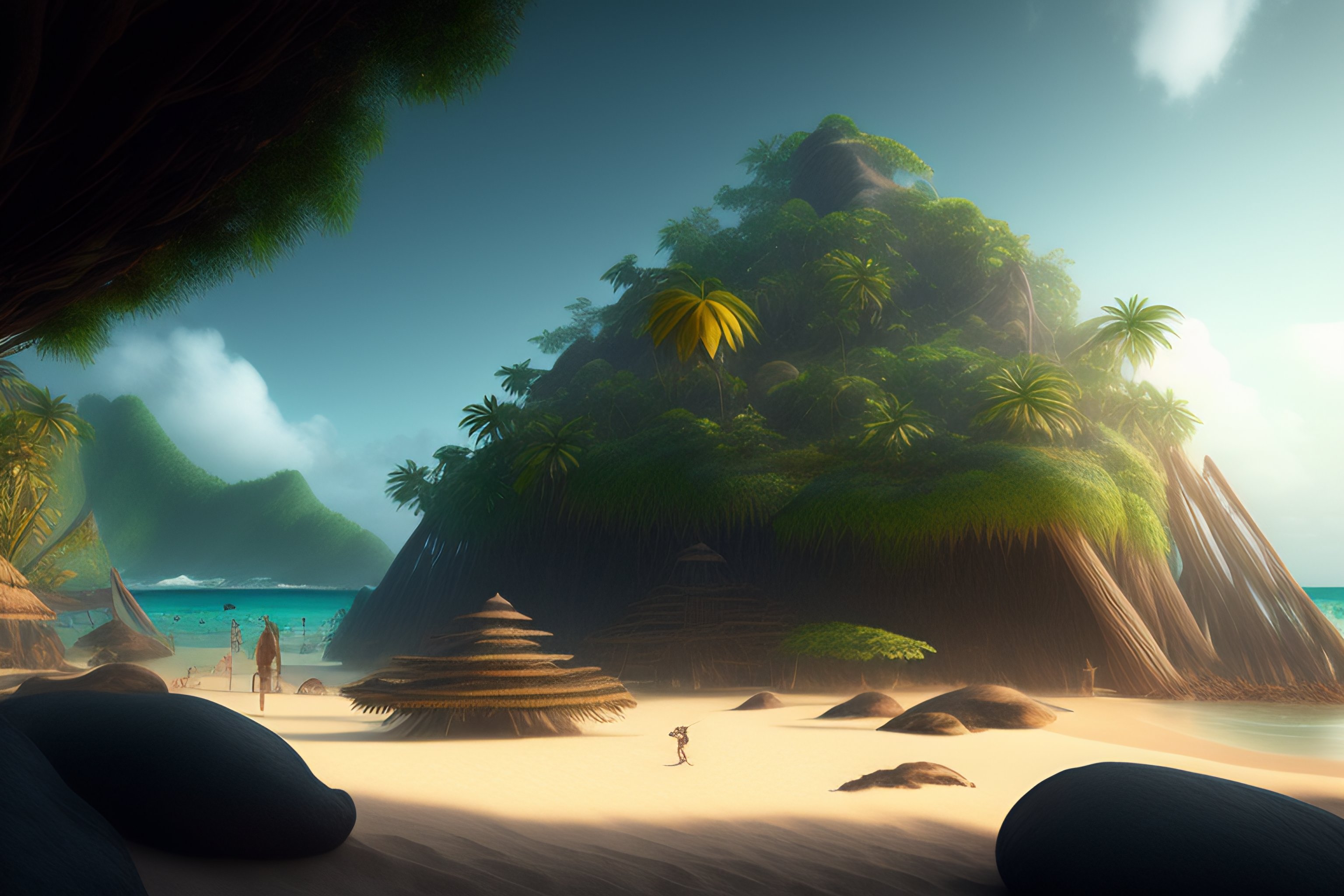 Lexica - Giant elven amerindian hut bamboo on tropical island beach ...