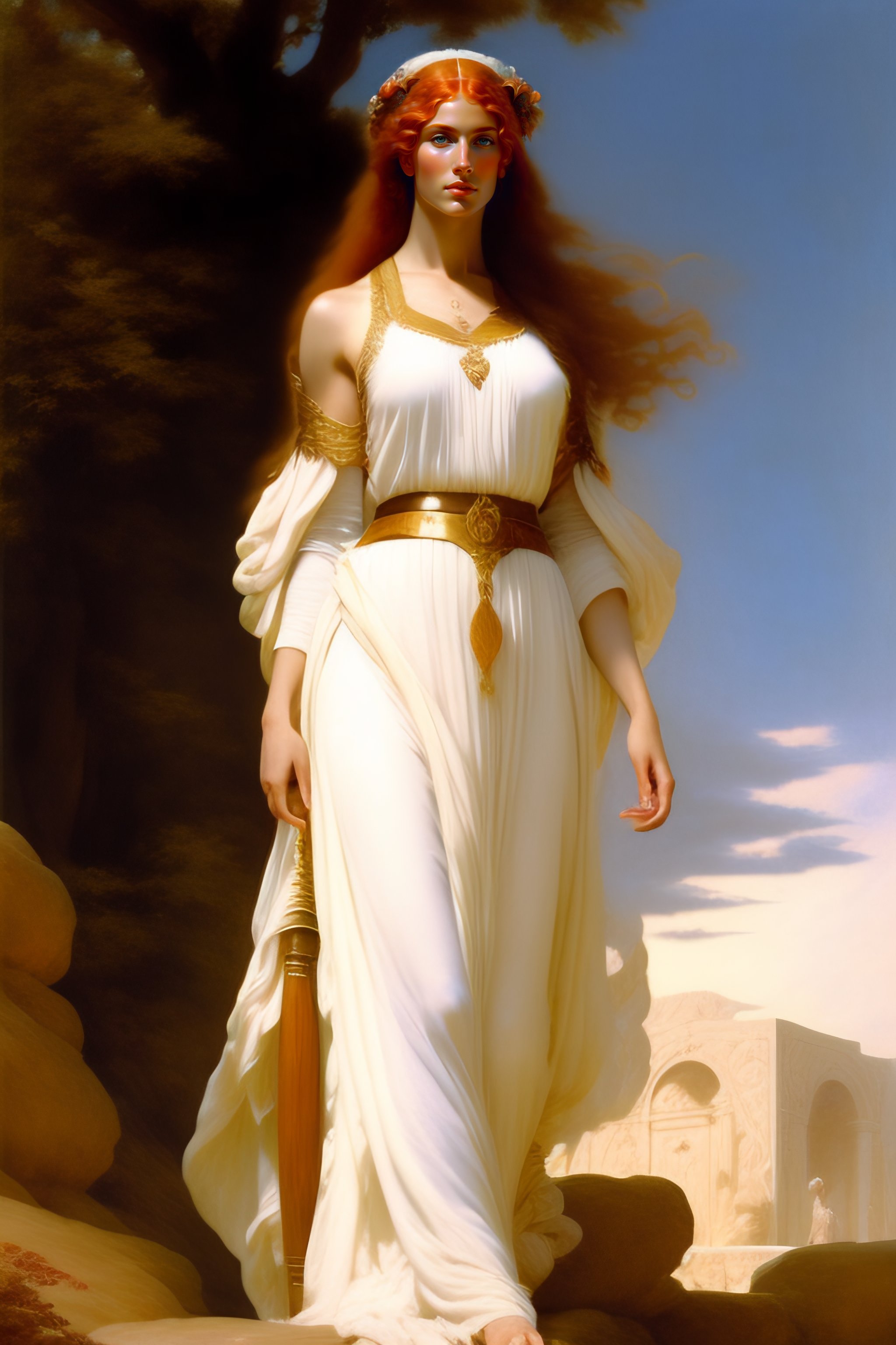 Lexica - Youg redhead woman with white greek tunic, full body fantasy ...
