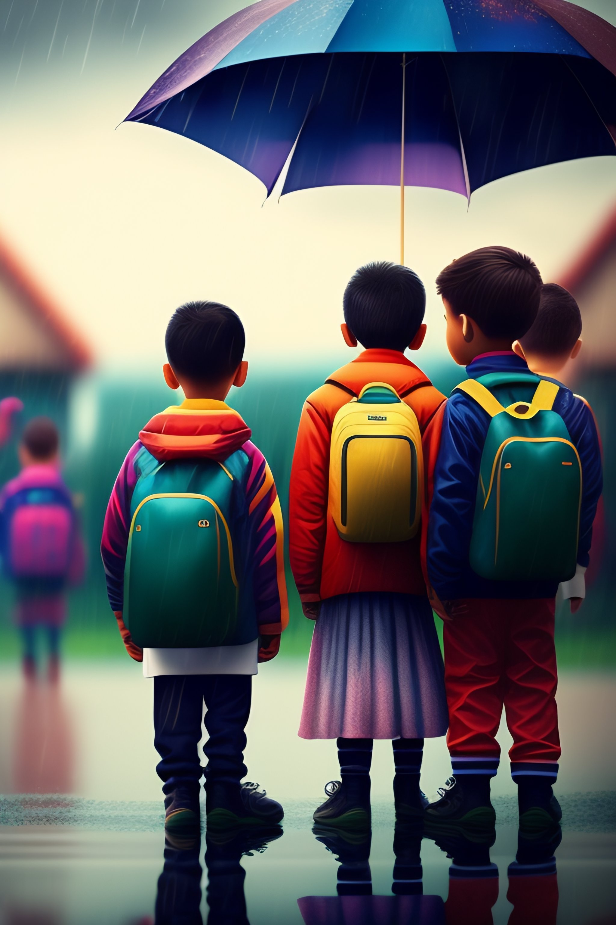 Lexica - A school with kids in a rainy day