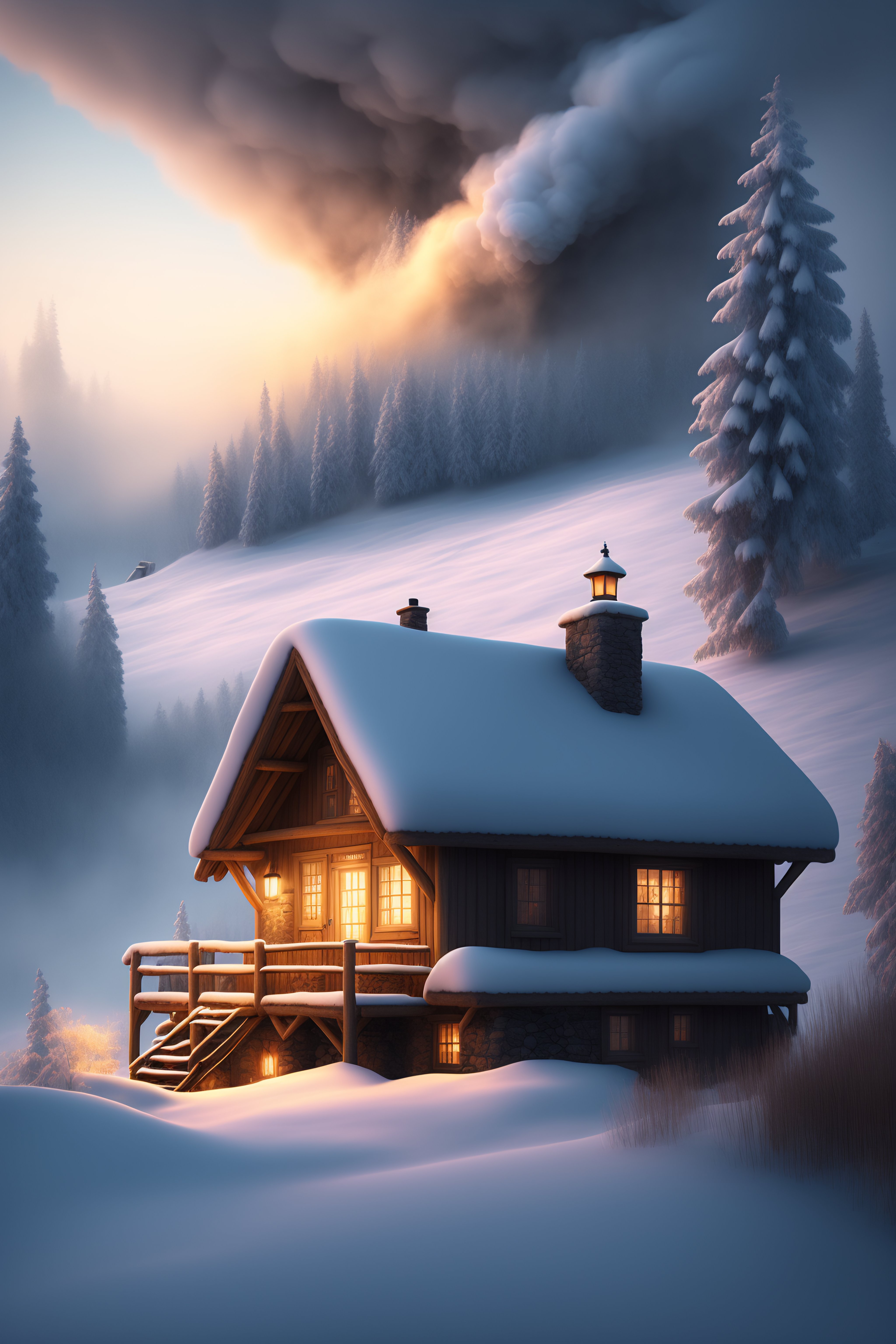 Lexica - A cozy cottage nestled in a snowy landscape, with smoke ...