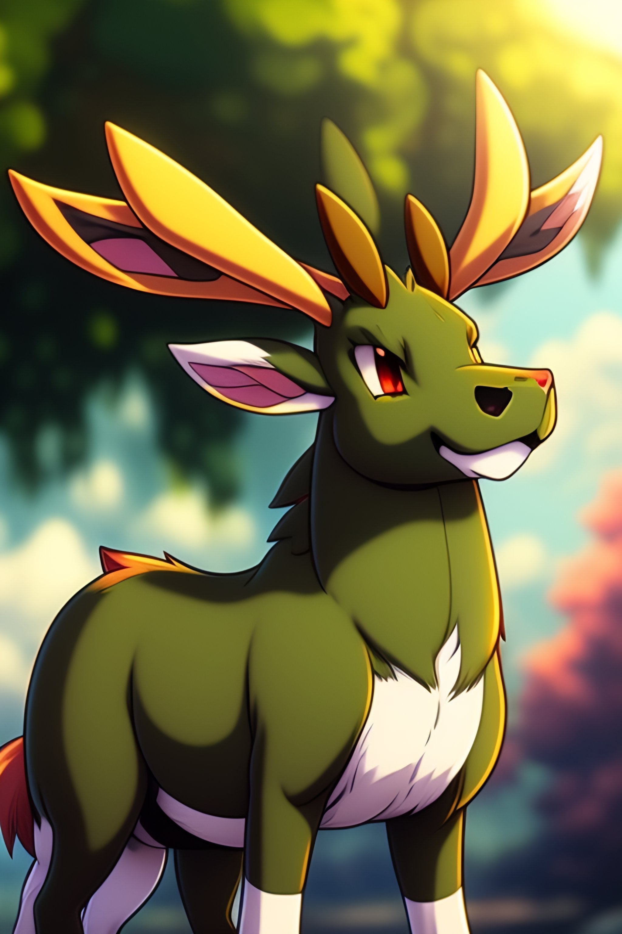 Lexica - Anime illustration of a Pokemon Green Moose with Large Horns