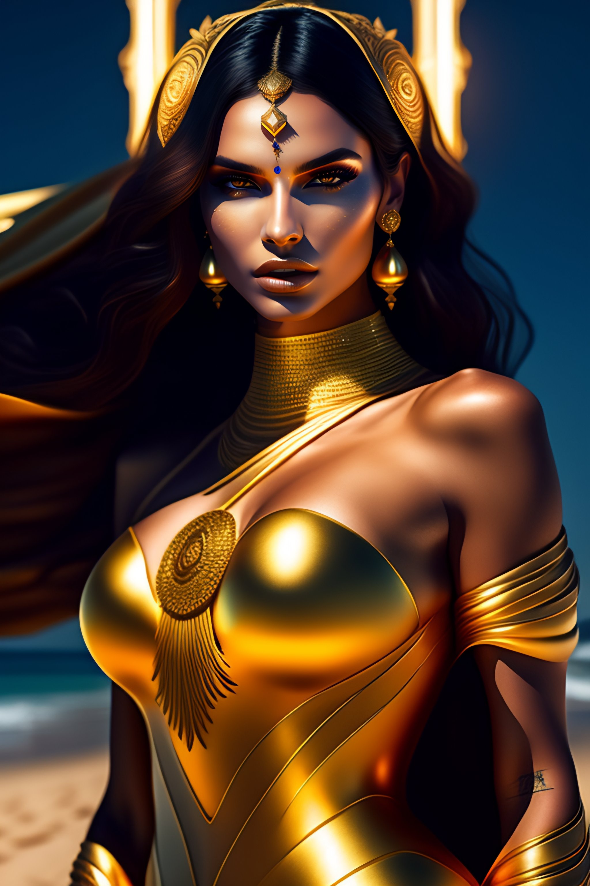 Lexica - A beautiful cinematic female sand goddess, golden dress, glow ...