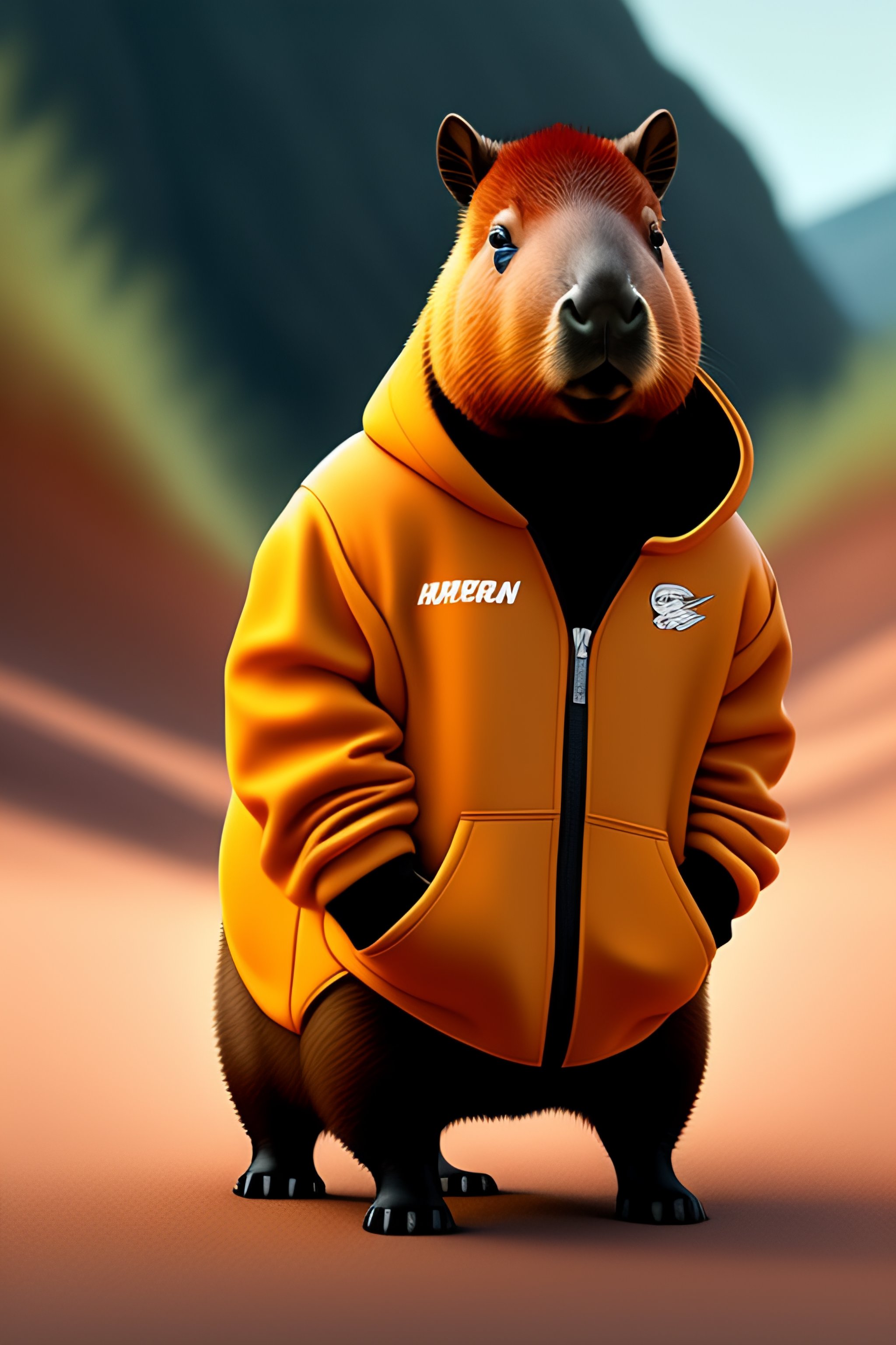 Lexica - Capybara pulls up, wearing a black Hoodie, cargo pants and ...