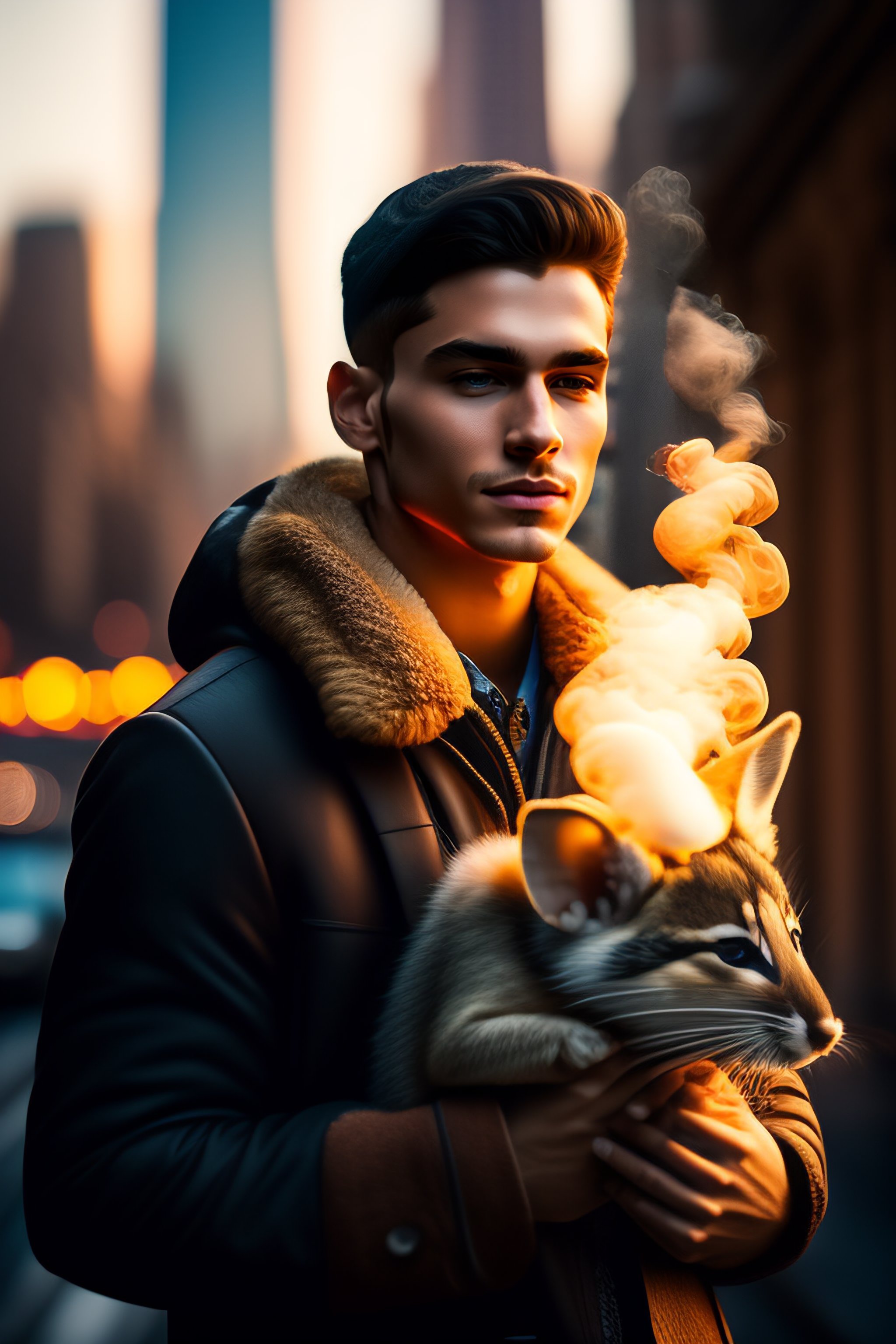 Lexica - Young Man log hair smoking holding a rat, long shot, cinematic ...