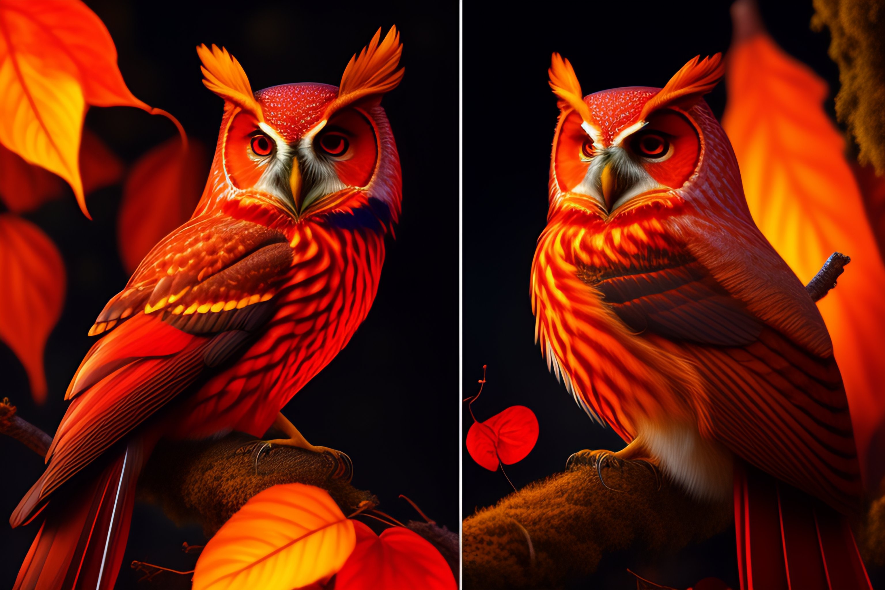 Lexica - Radiant red owl, glowing amber, autumn colours, highly ...