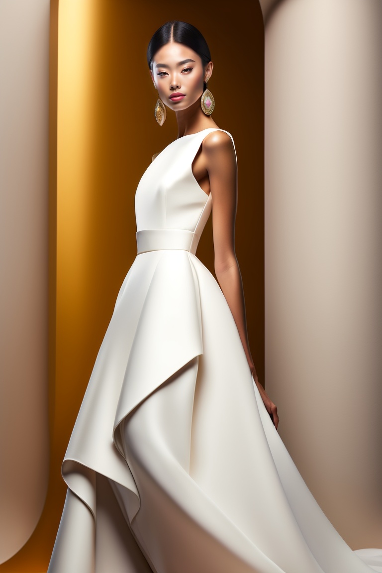 Lexica - A white asymmetrical overlapping gown with a draped top on a vogue model for a vogue ...