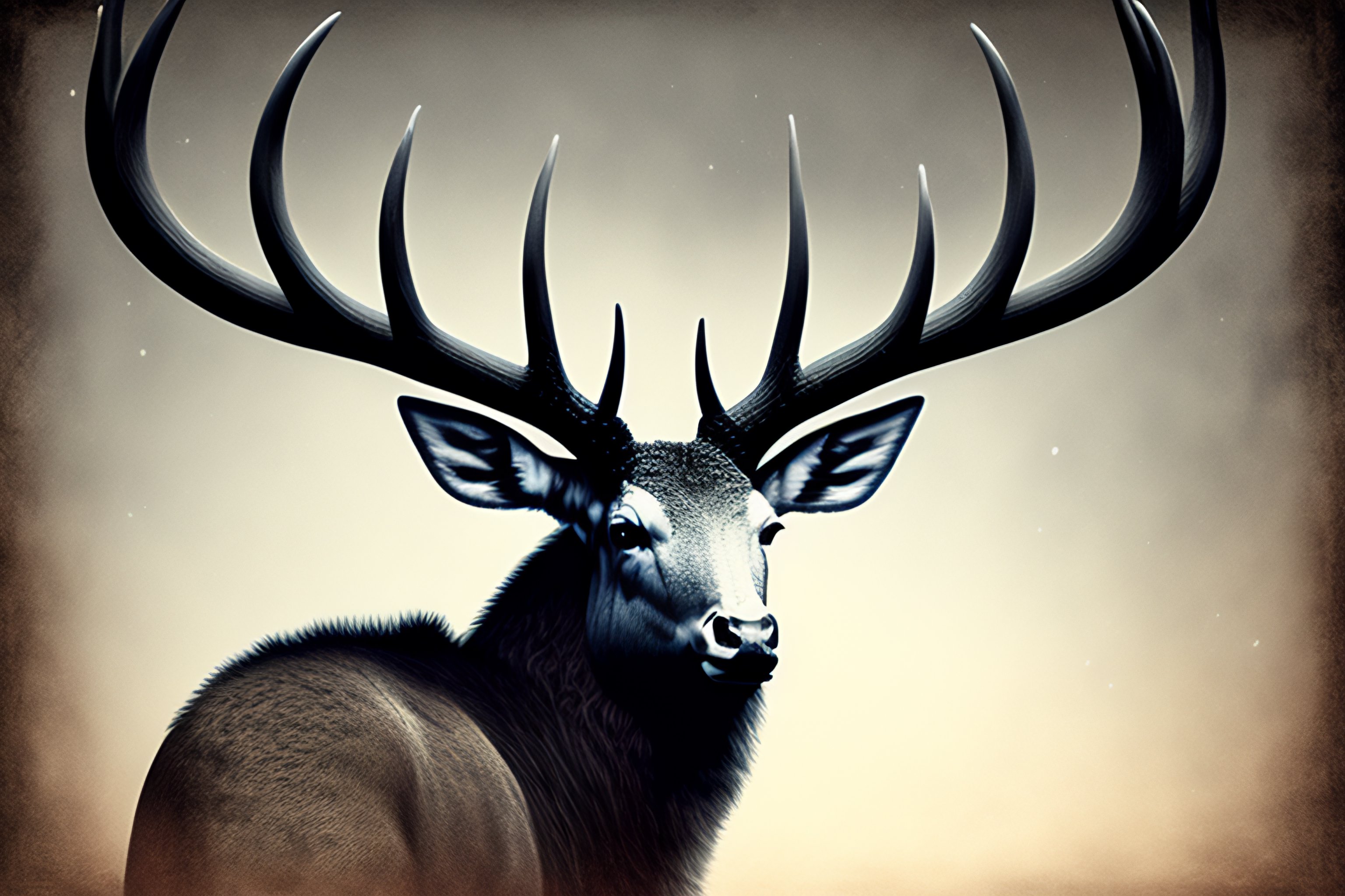 Lexica - Bird entity with enormous antlers, horror art, etching