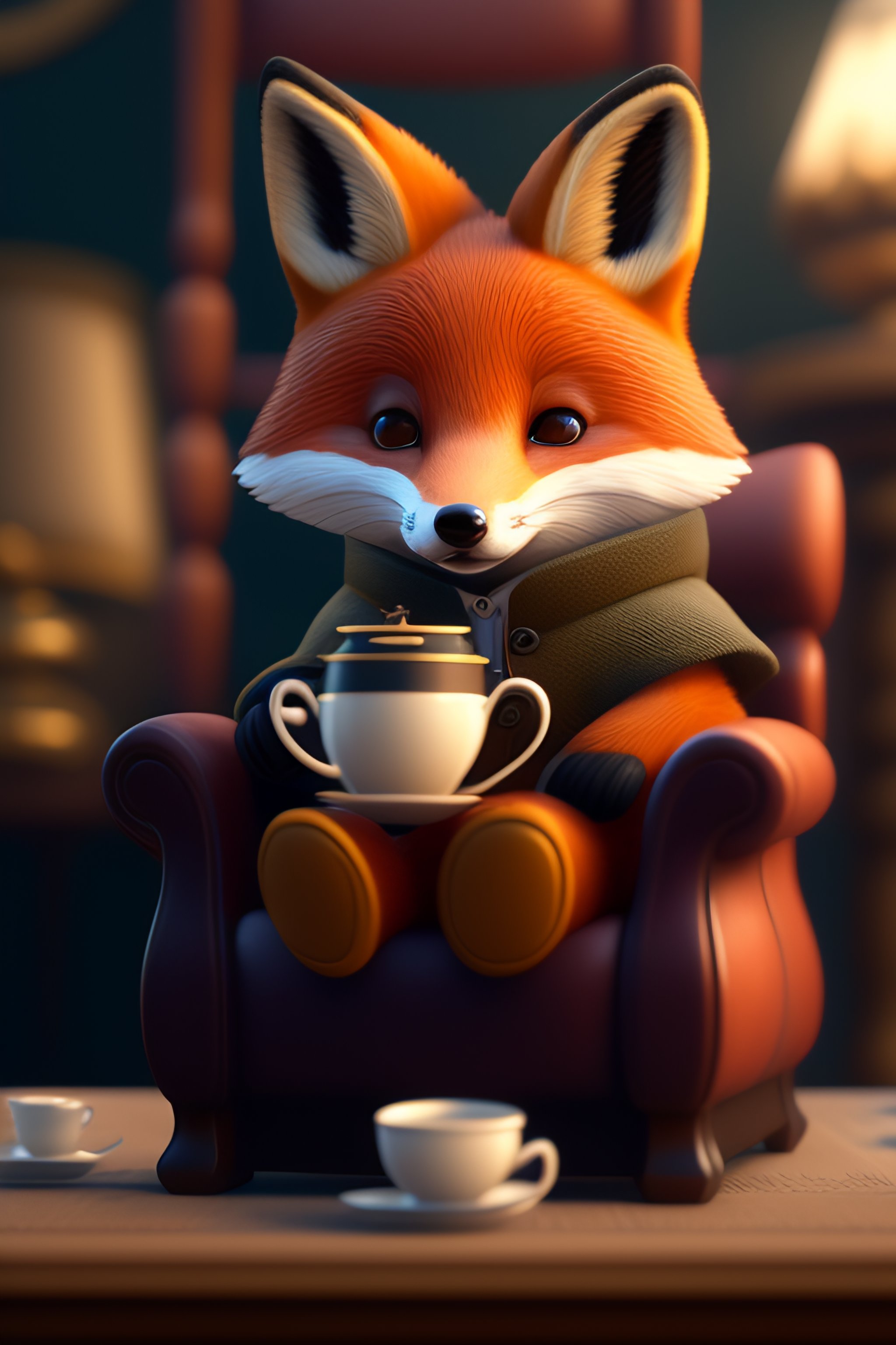 Lexica - Cute small humanoid fox sitting in a armchair drinking tea as ...