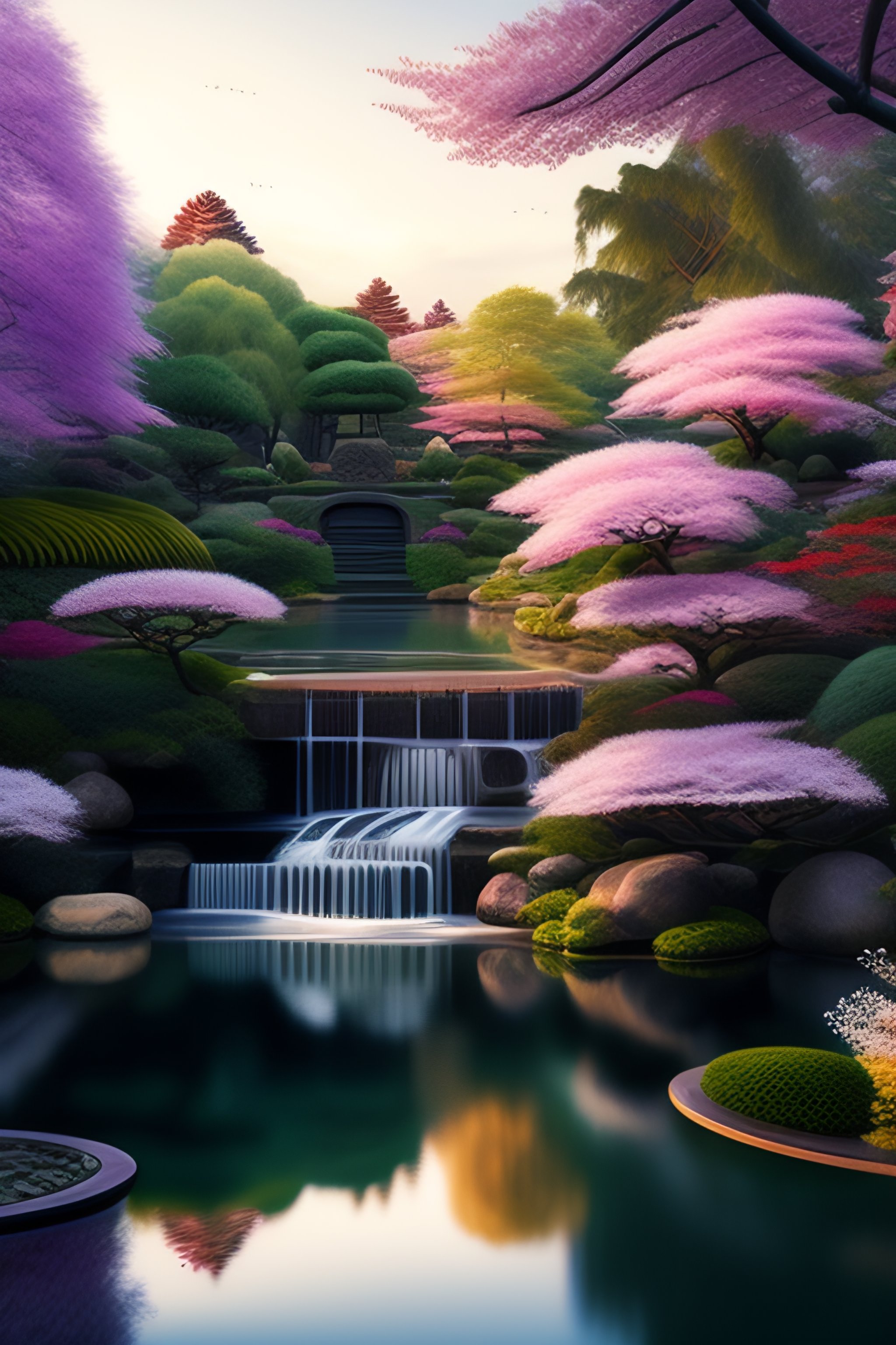 Lexica - Japanese garden with cherry blossom trees, koi fish pond, by ...