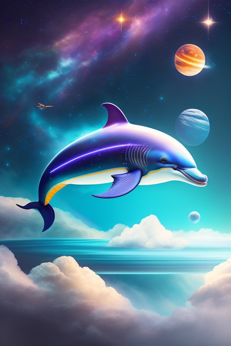 Lexica - A dolphin swims in space among the stars, clouds and planets