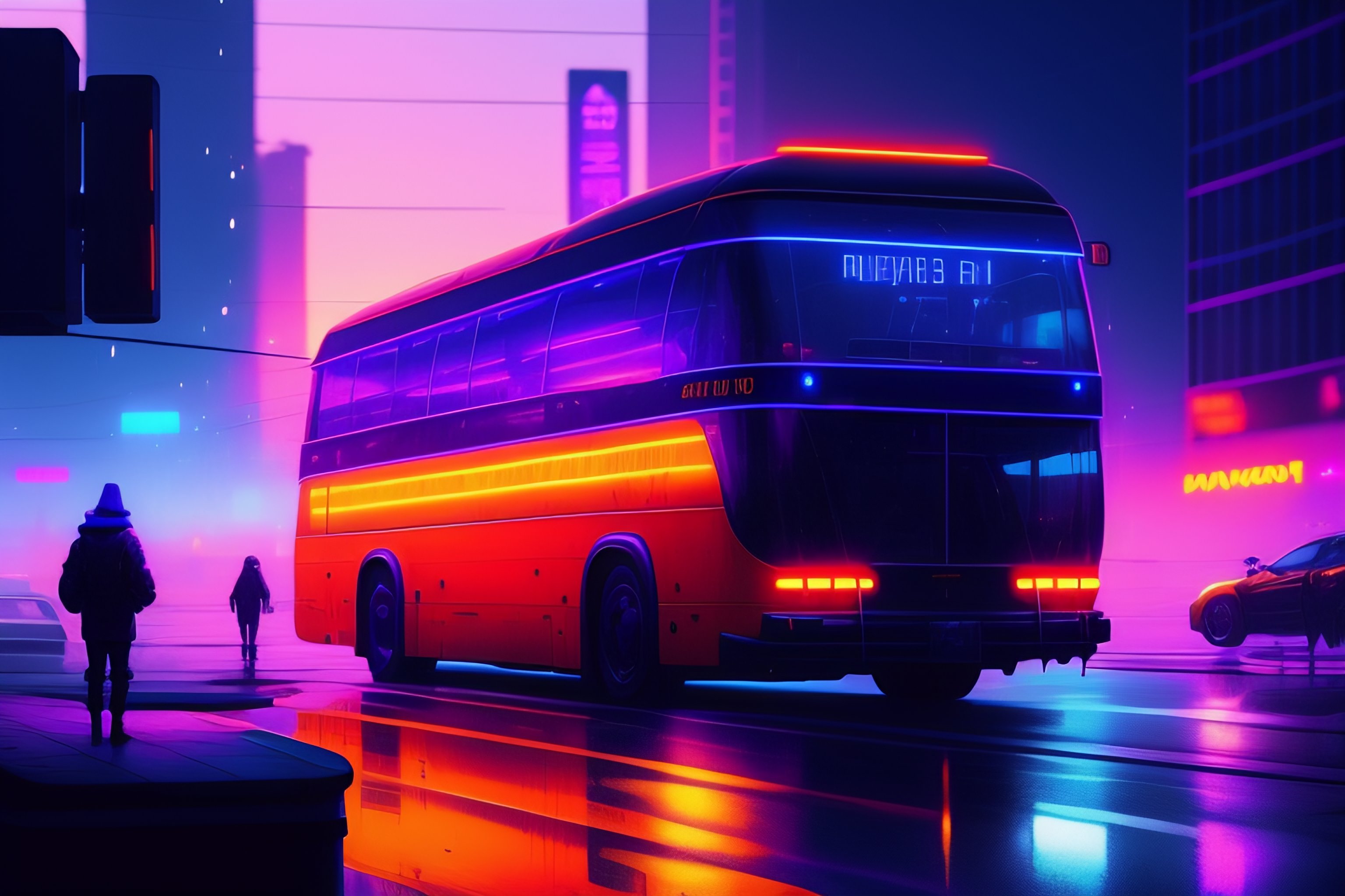 Lexica - A bus full of passengers is driving through a dark, foggy city ...
