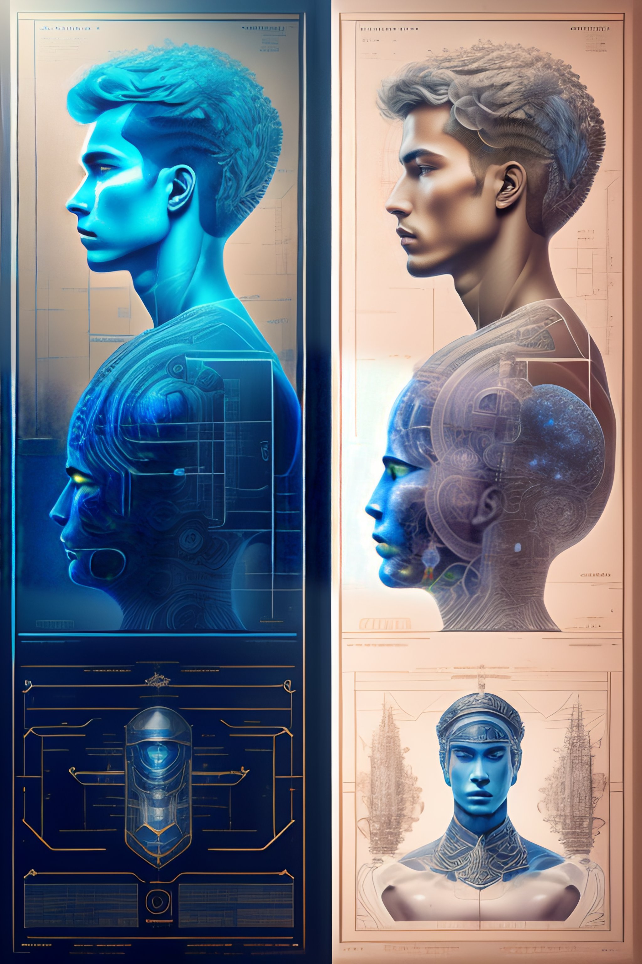 Lexica - Detailed schematics of a young male cyborg, Venetian man ...