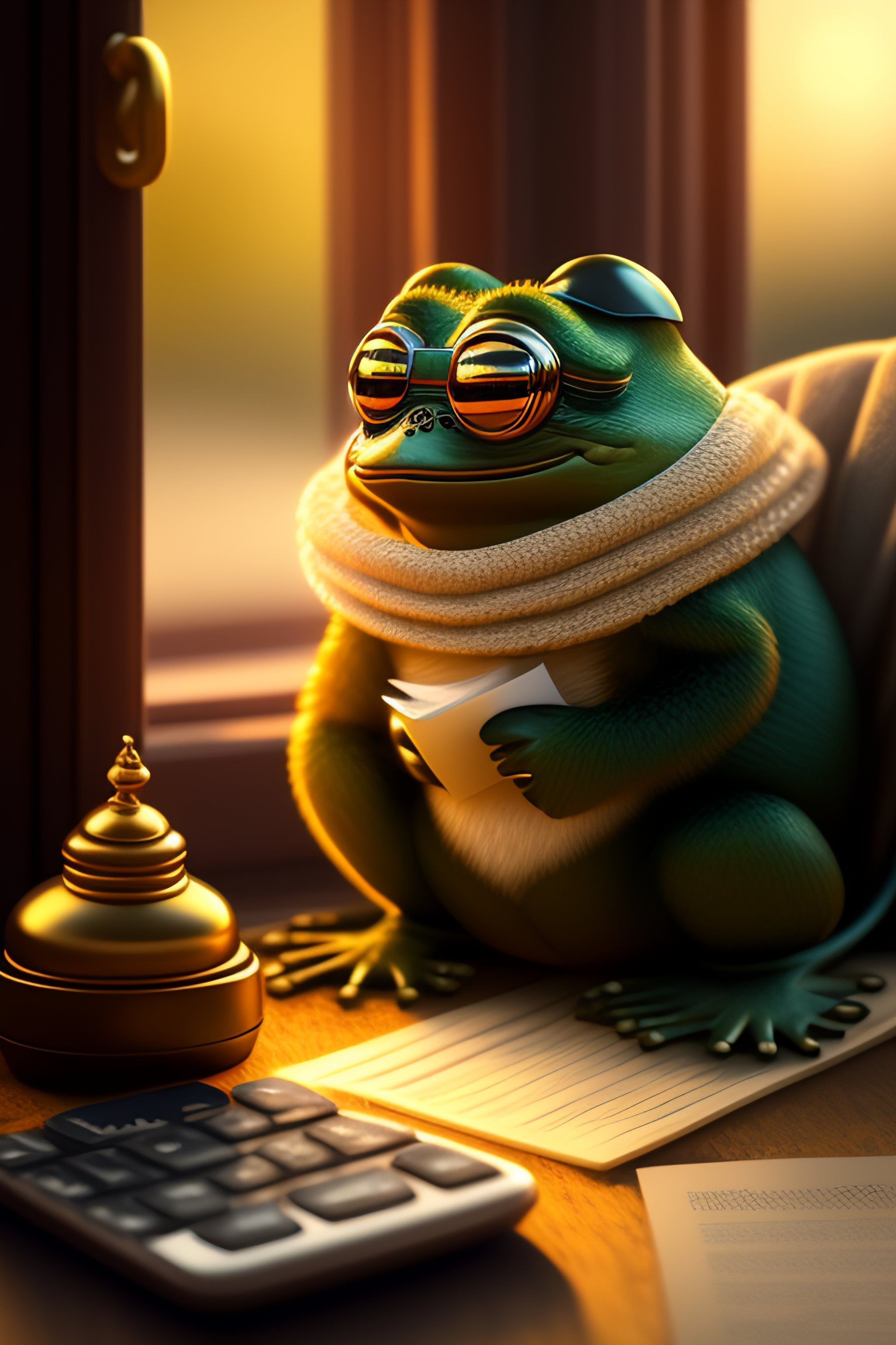 Lexica - An exhausted pepe the frog commiting tax fraud, paperwork ...