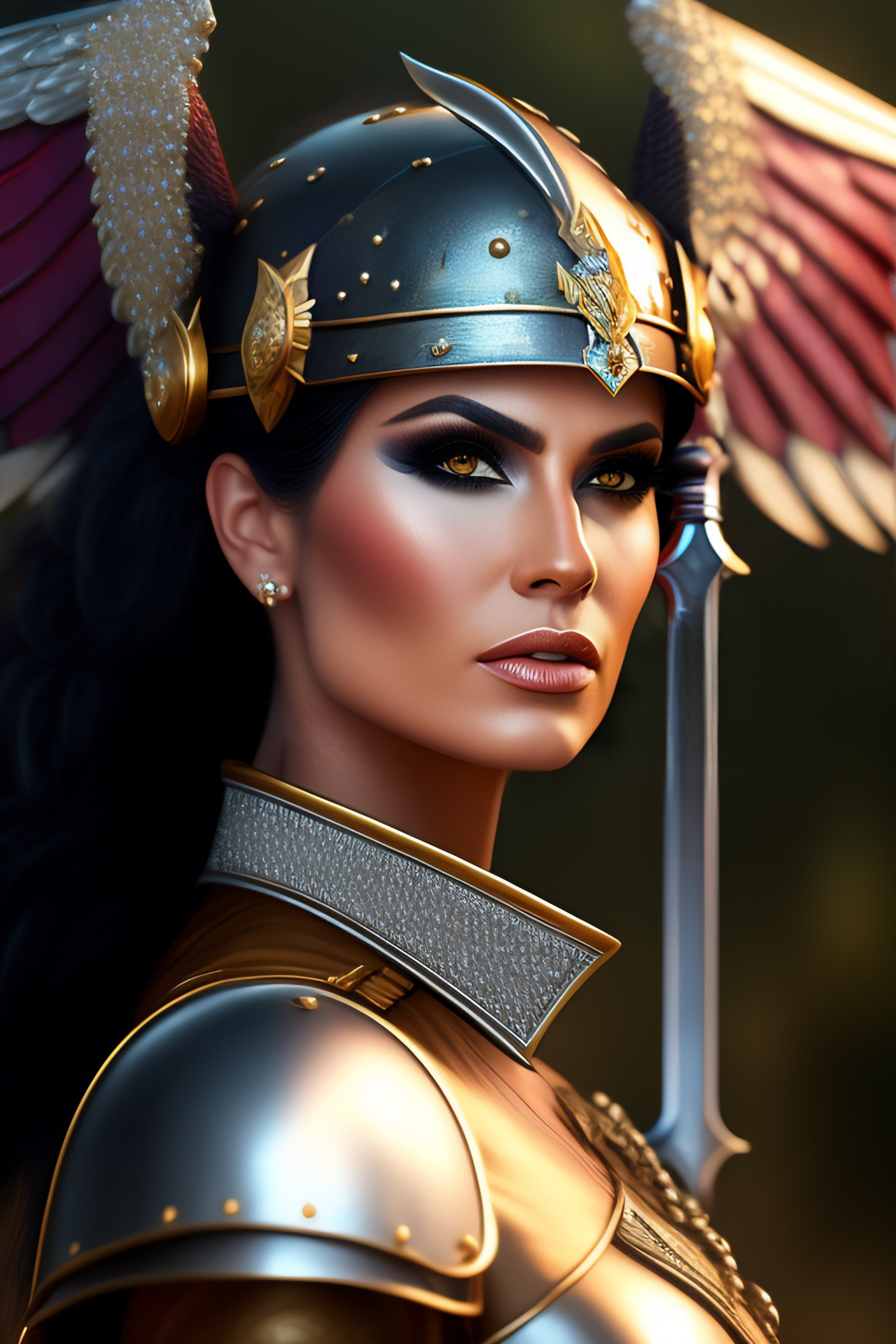 Lexica - Angry valkyrie portrait 3/4 view with big wings on helmet and ...