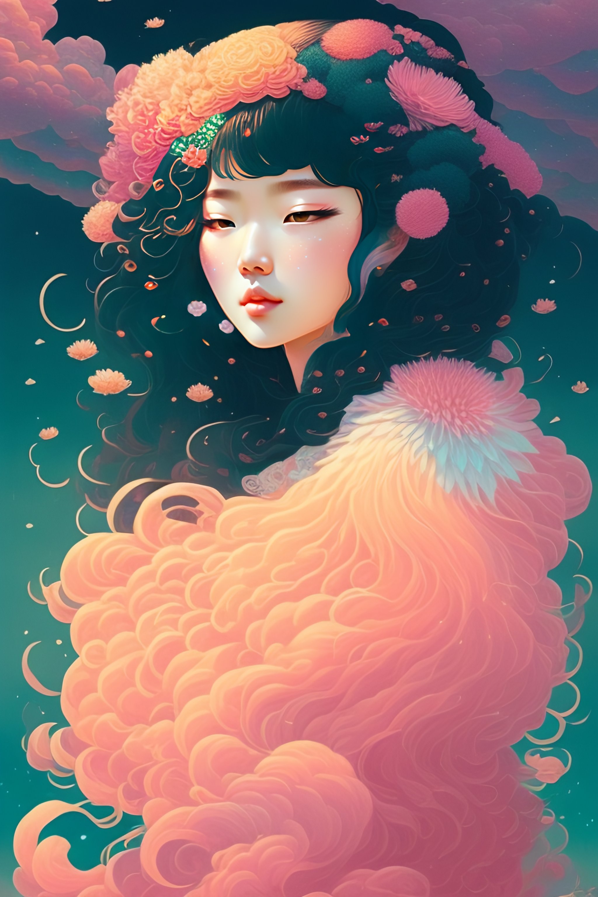 Lexica - Beautiful cute portrait Korean ninfa, big long curly hair ...