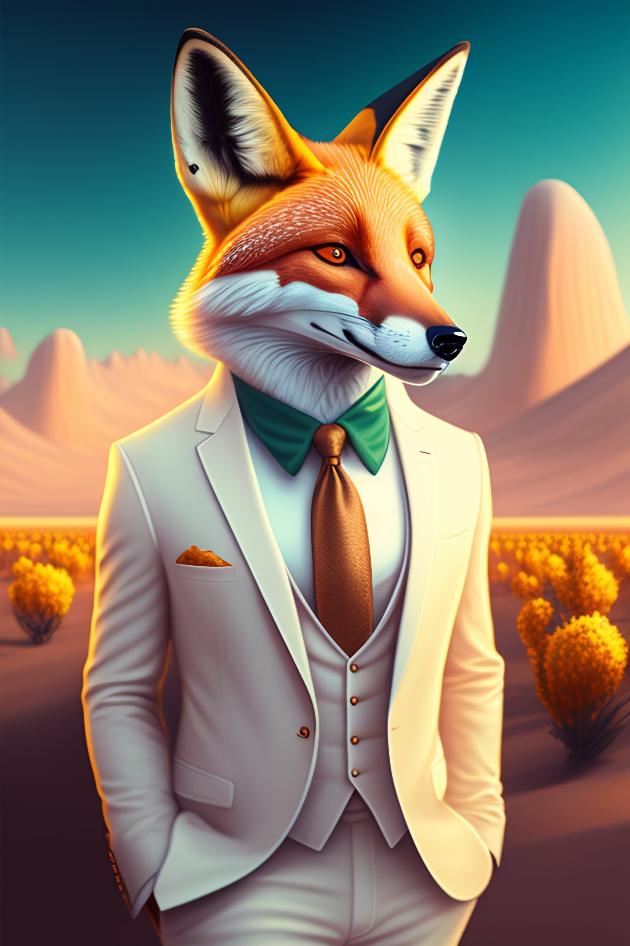 Lexica - Anthropomorphic art of a fox wearing a white suit, white ...