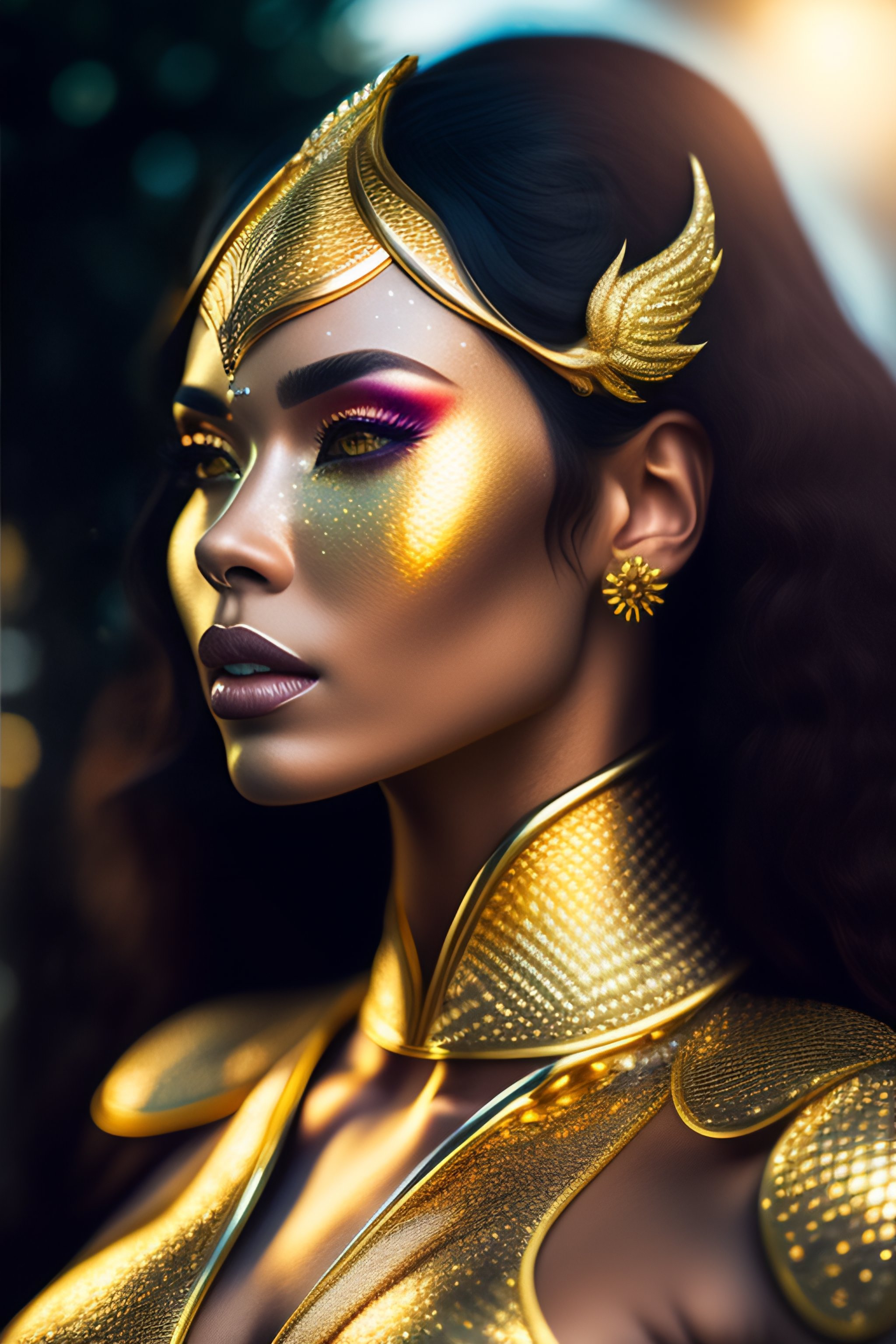 Lexica - Photo of a woman with gleaming metallic gold dragon scales for ...