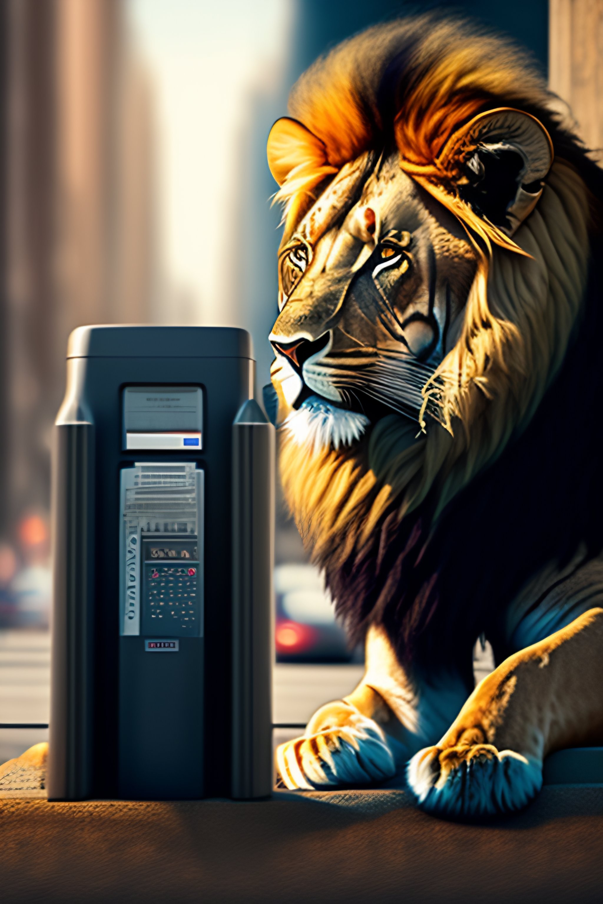 Lexica - Dramatic still film of a lion talking on a payphone surrounded ...