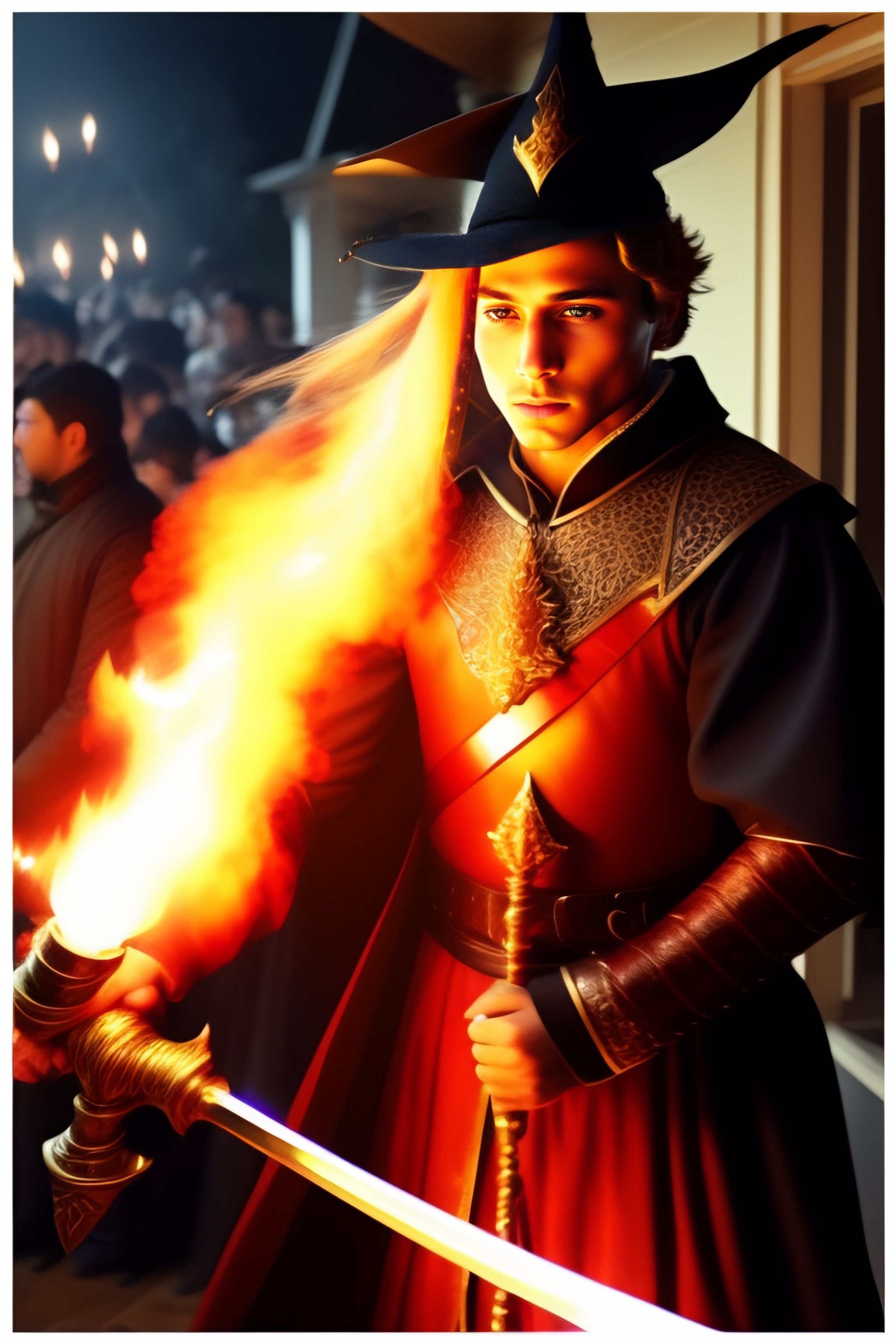 Lexica - A young man dressed as a Wizard, holding a sword in fire, faces a young woman dressed ...