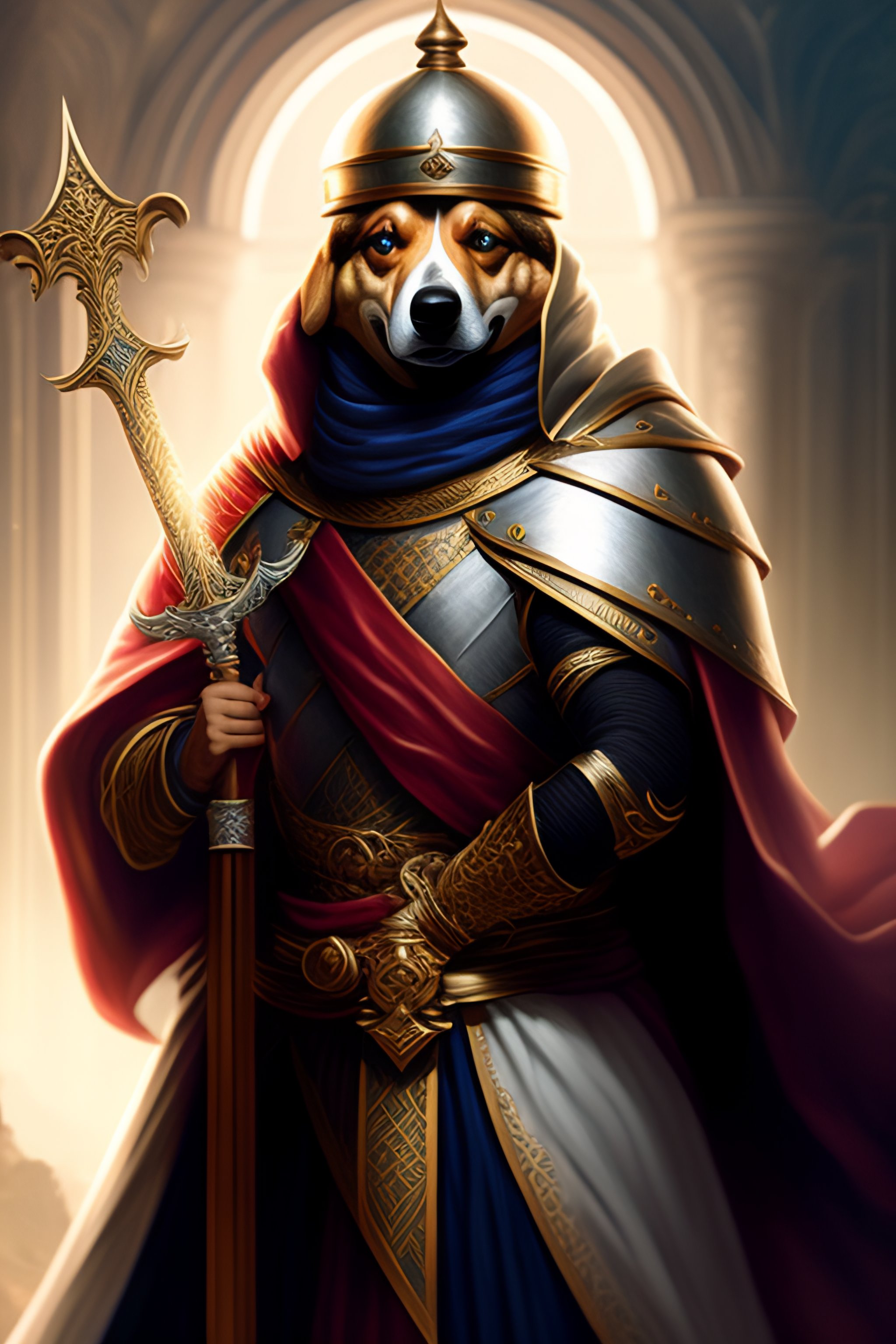 Lexica - A Doge Crusader holding a magic sword.