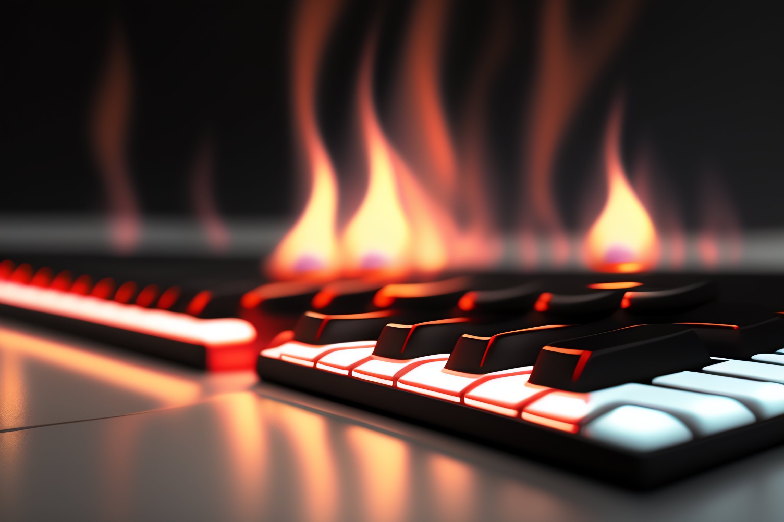 Lexica - Epic white keyboard piano with flames, 3D octane render
