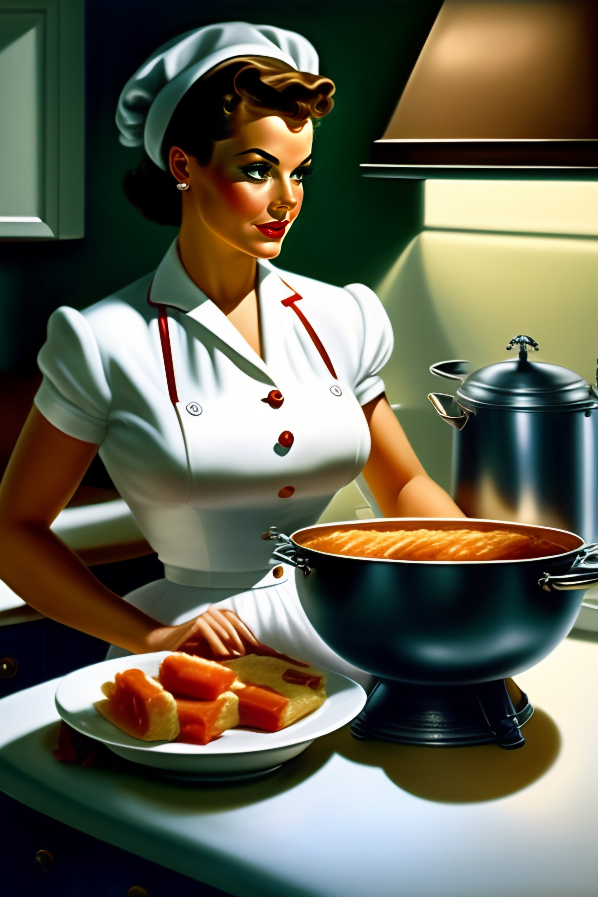 Lexica - A young beautiful 1950s housewife cooking in kitchen anatomically correct. perfect ...