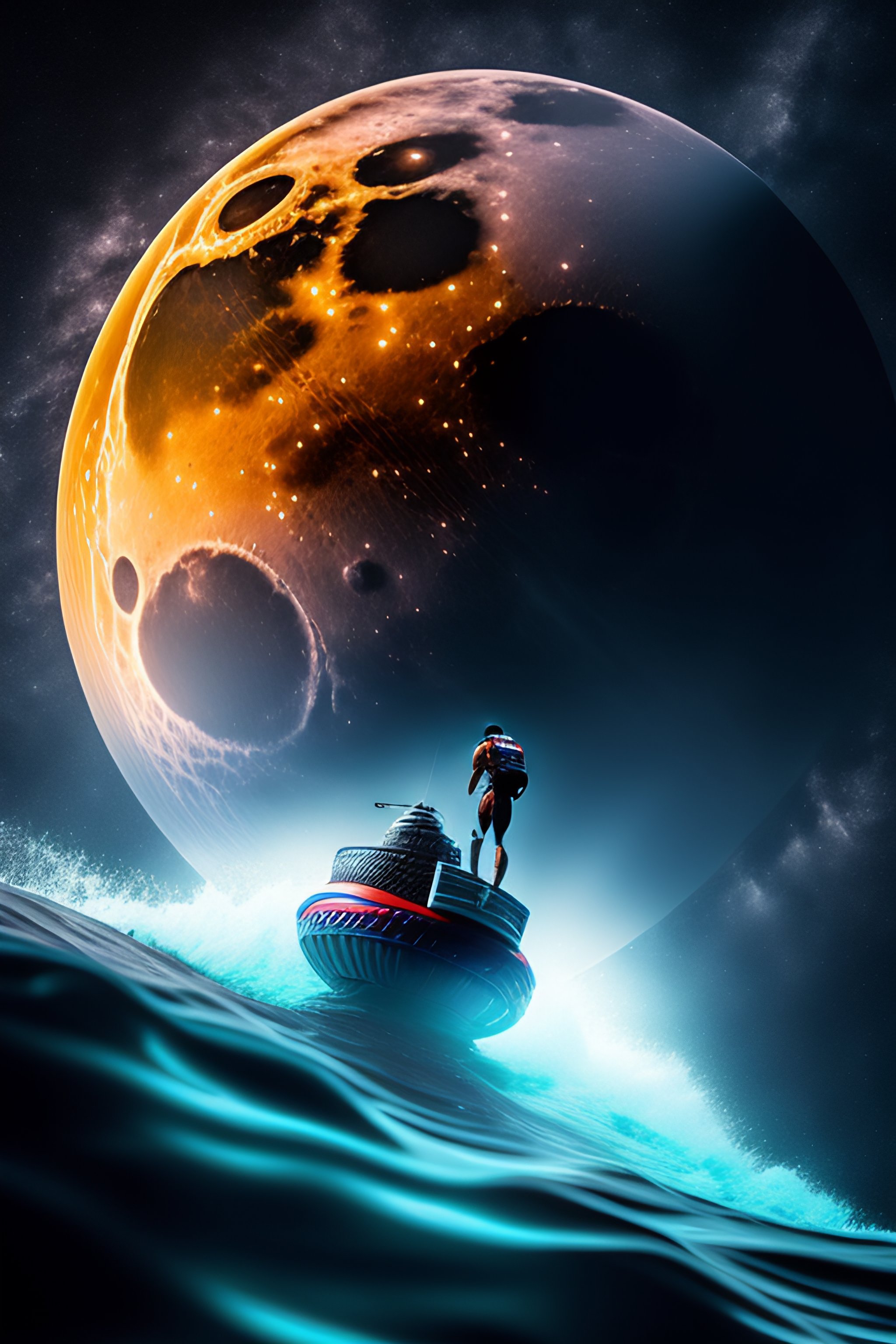 Lexica - Bodybuilder alien swimming through molten lead on the moon