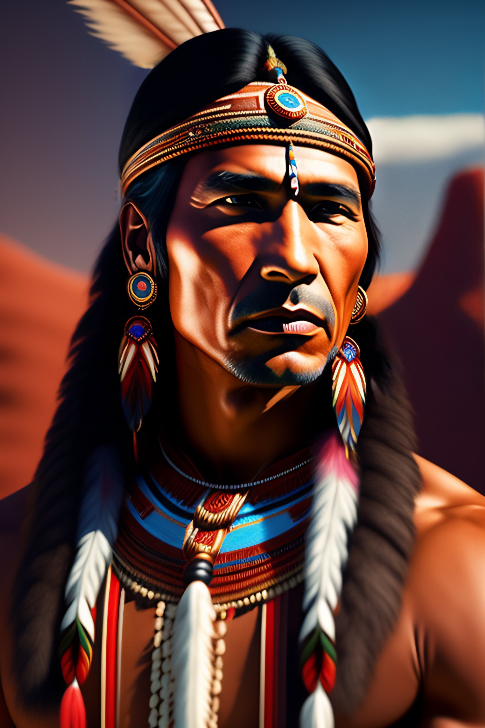 Lexica - Native american man portrait in 3d digital art with clear sky ...