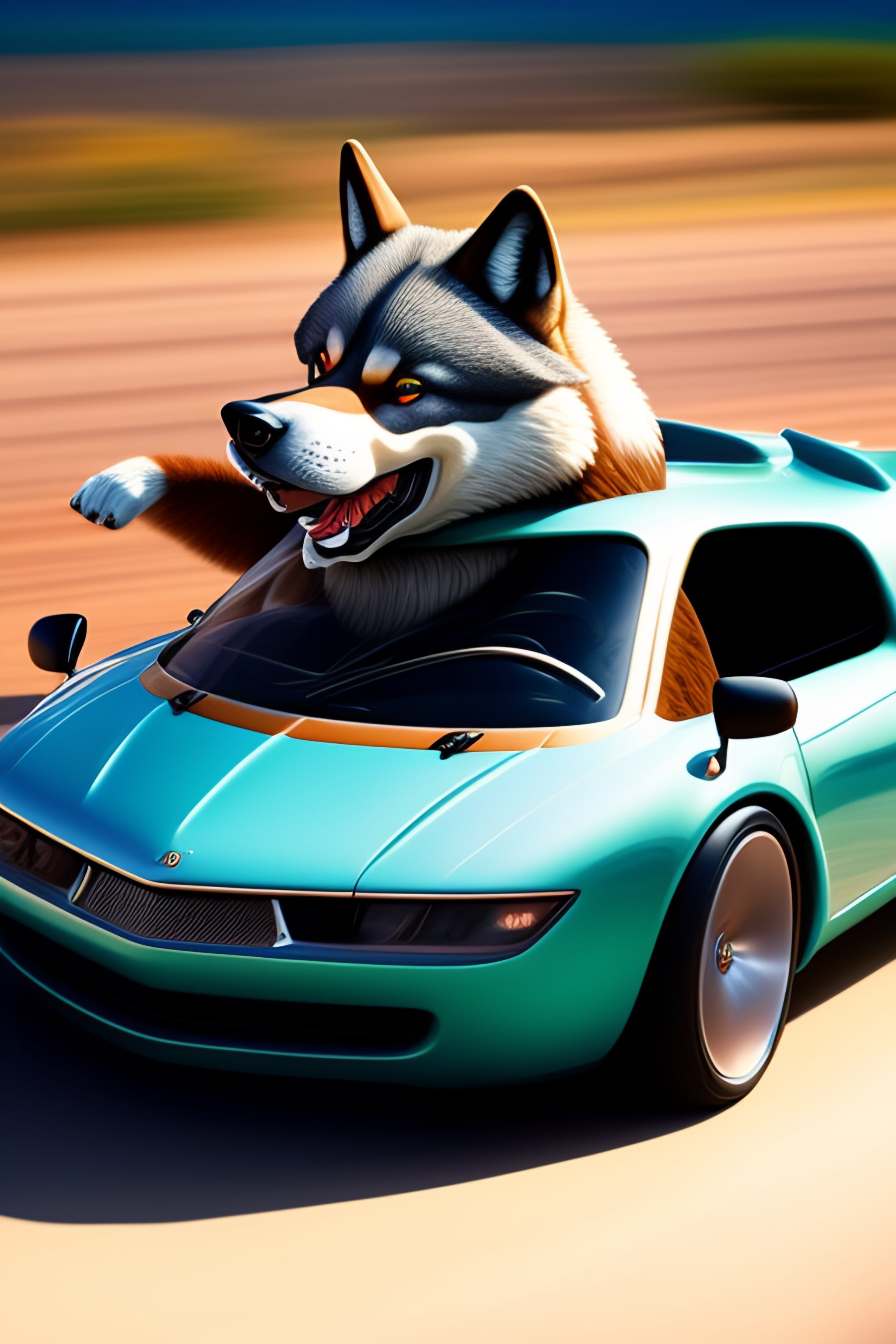 Lexica - An antropomorphic caricature wolf driving inside a car,