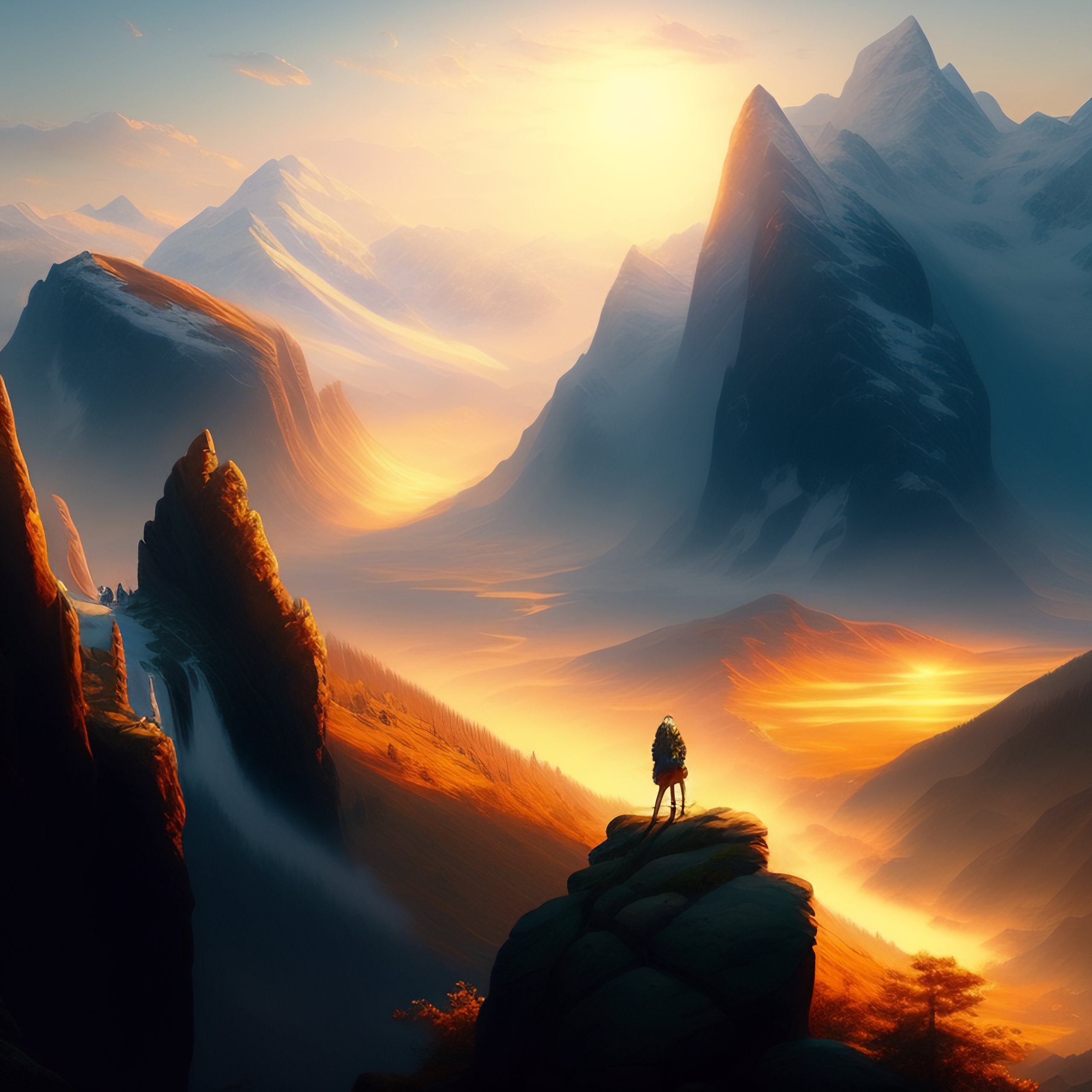 Lexica - A hiker hike epic mountain with cool valley, matte painting by ...
