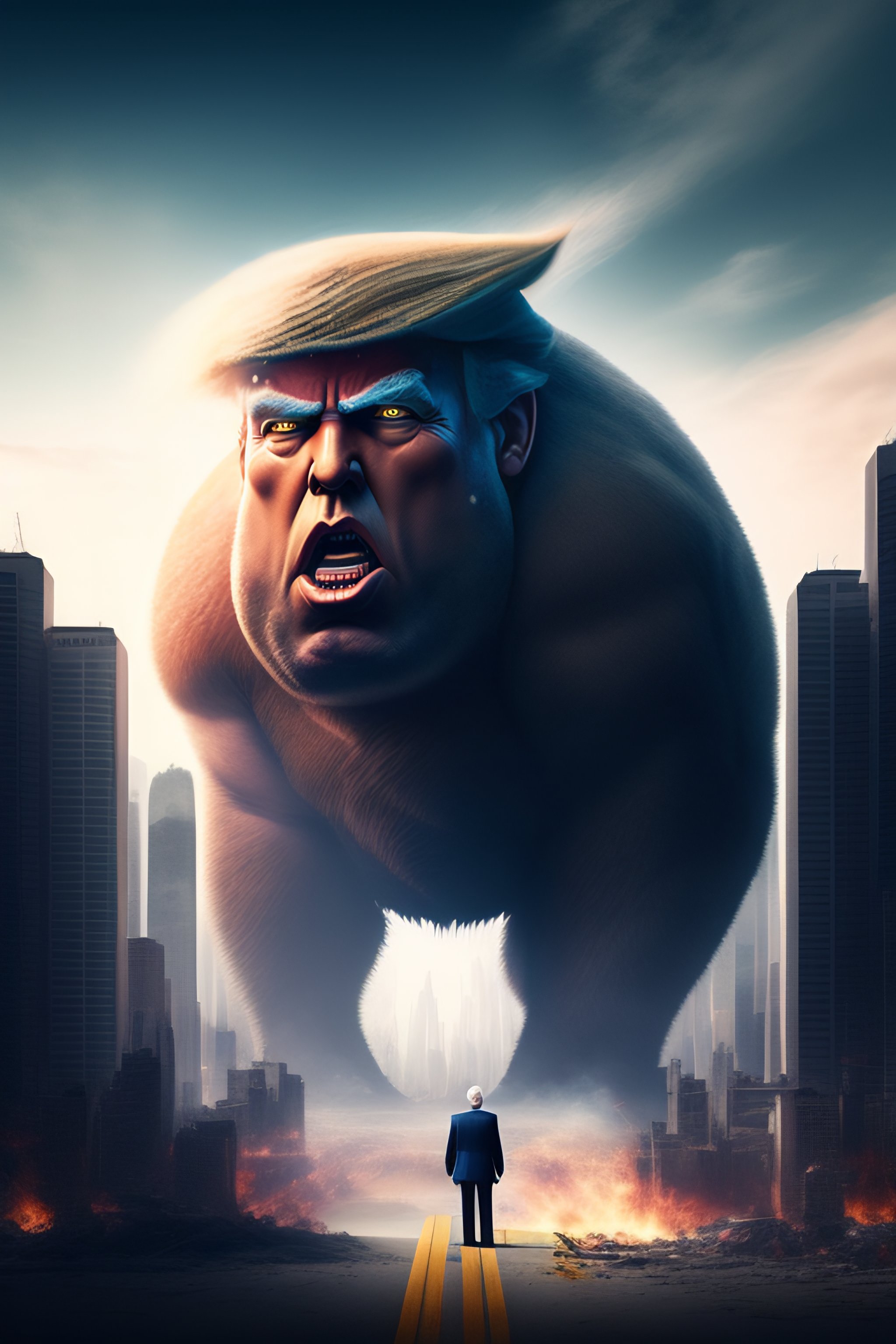 Lexica - Donald Trump depicted as a Giant monster destroying a city