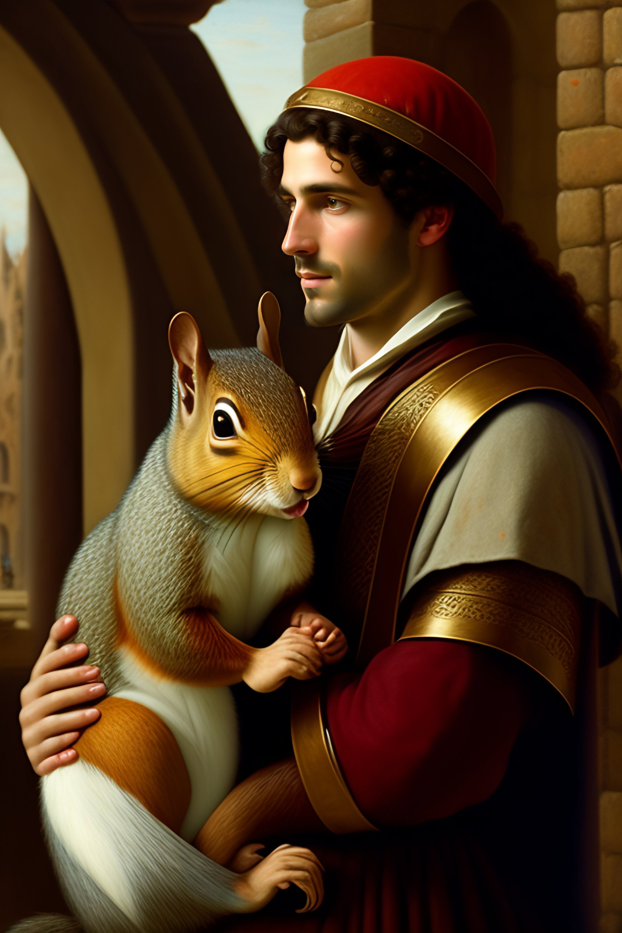 Lexica - Jacob Collins-Levy in medieval style whith squirrel in his arms