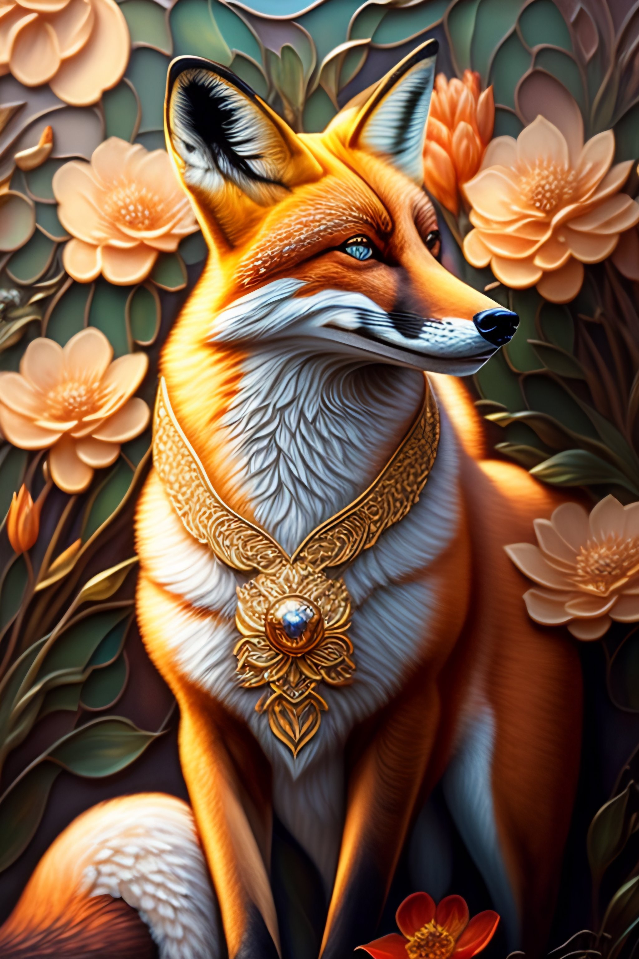 Lexica - Fox, ceramic tile art, depicting beautiful flowers, intricate ...