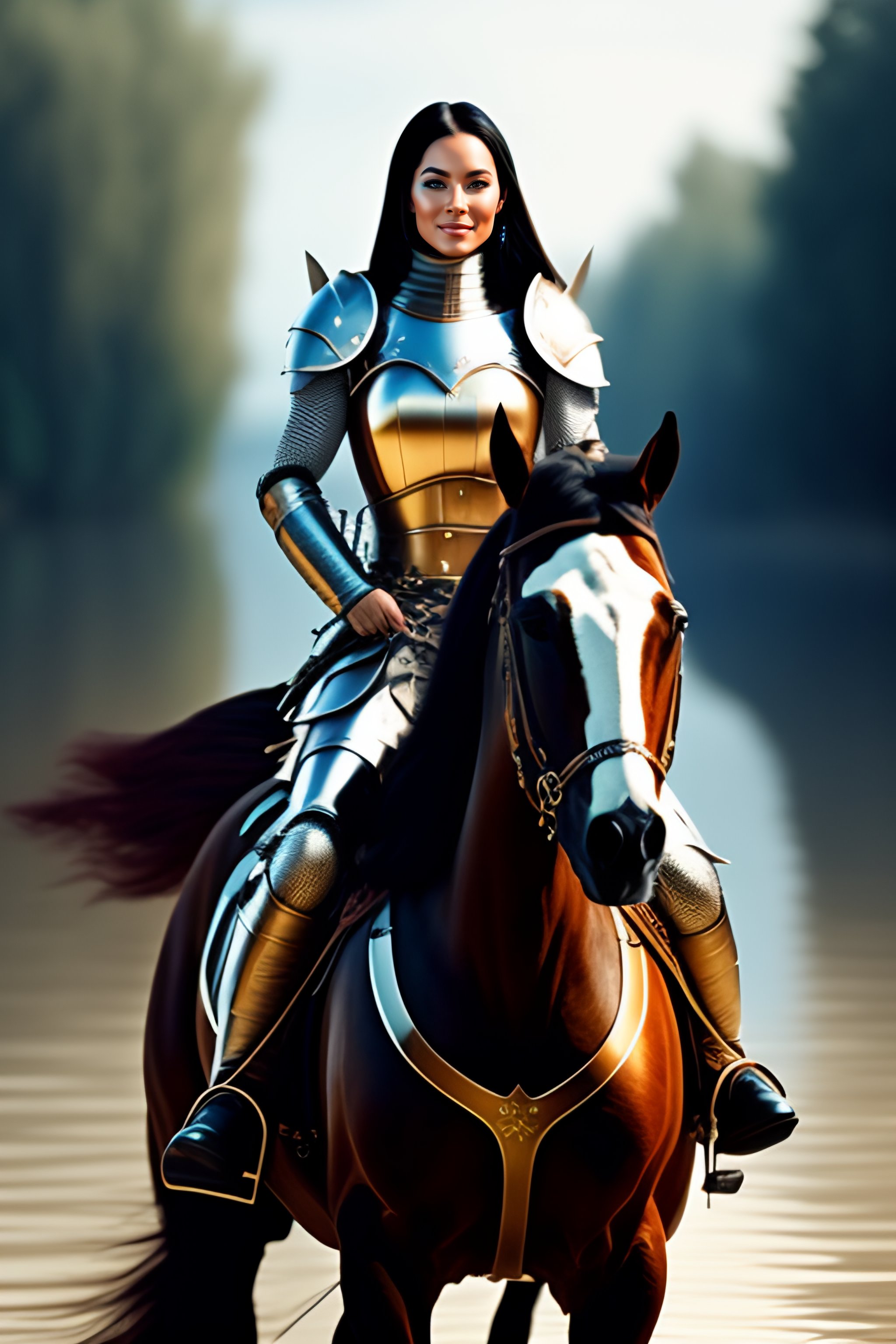 Lexica - Create a woman in medieval armor, riding a robotic horse where ...