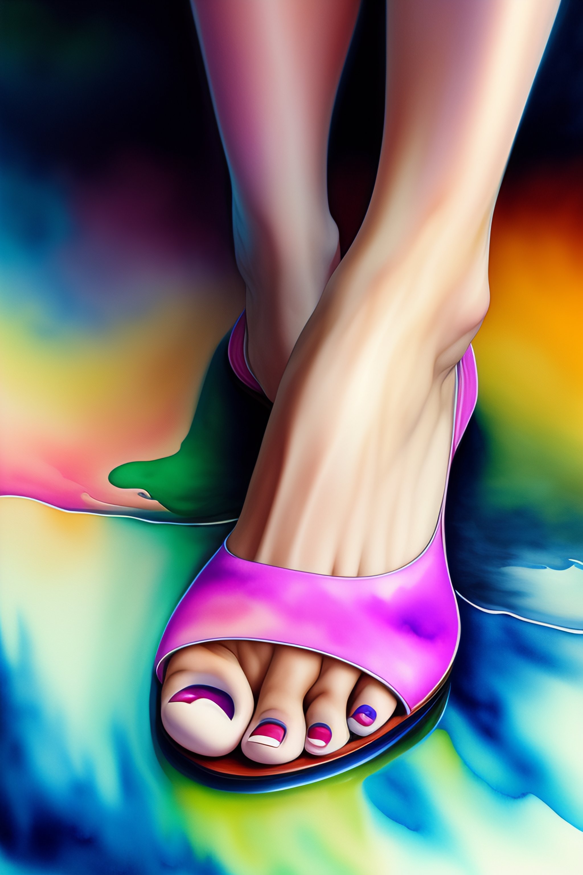 Lexica - Wide angle white skinned Girl feet, water color