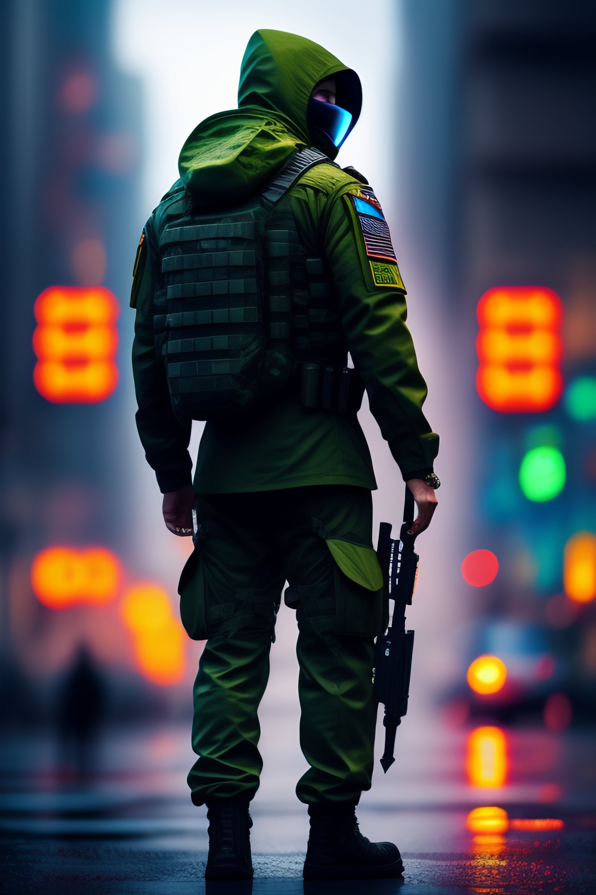 Lexica - Hacker soldier, full body, tactical armor, rifle, Neon, Movie ...