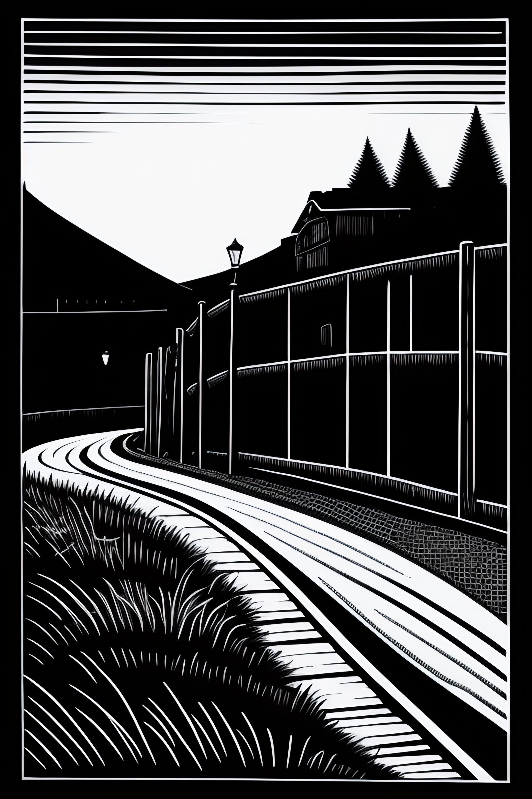 Lexica - Engraving liminal space black and white linocut landscape ...