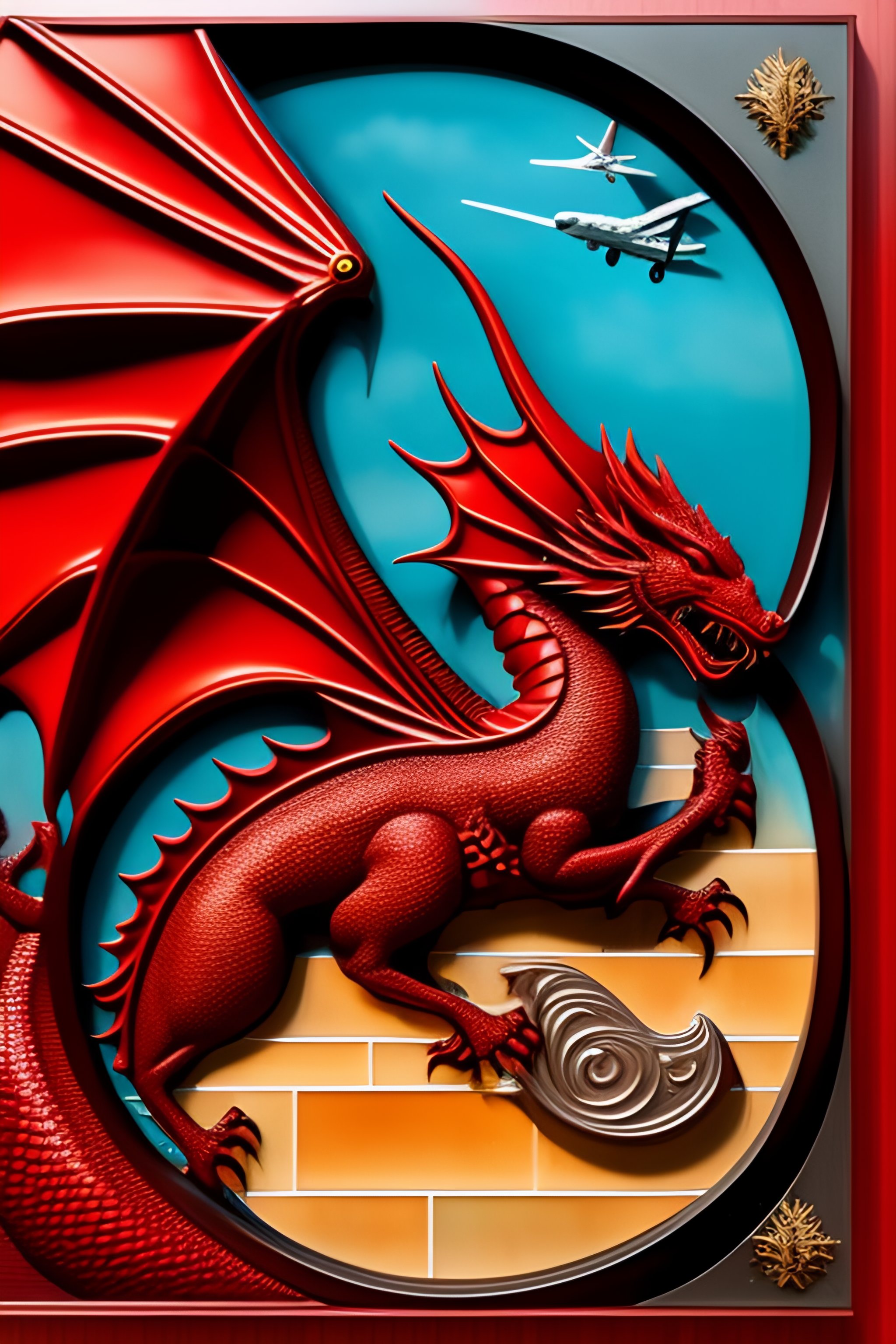 Lexica - A red dragon seeing an airplane in a mosaic