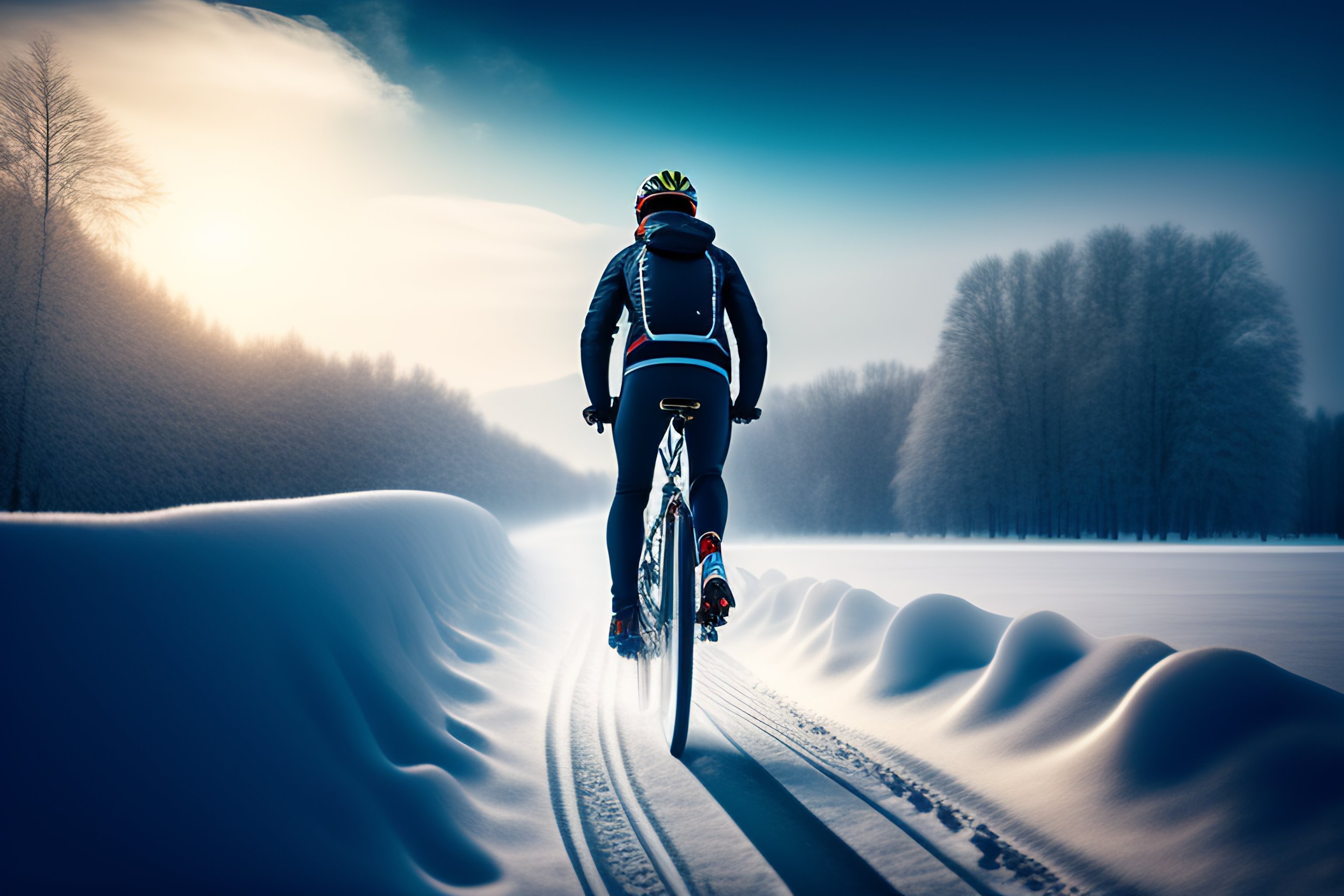 Lexica - Winter cycling, a man riding a bicycle in snow, back view ...