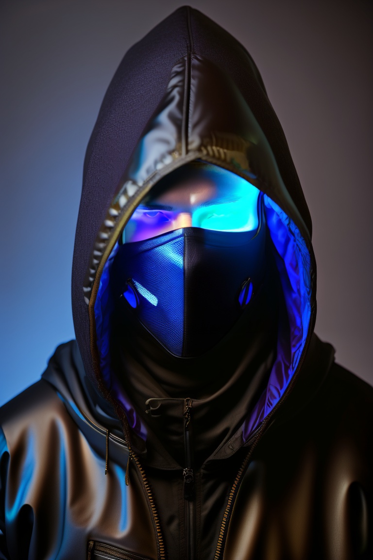 Lexica - Full-bodied portrait, hooded man with neon blue eyes with ...