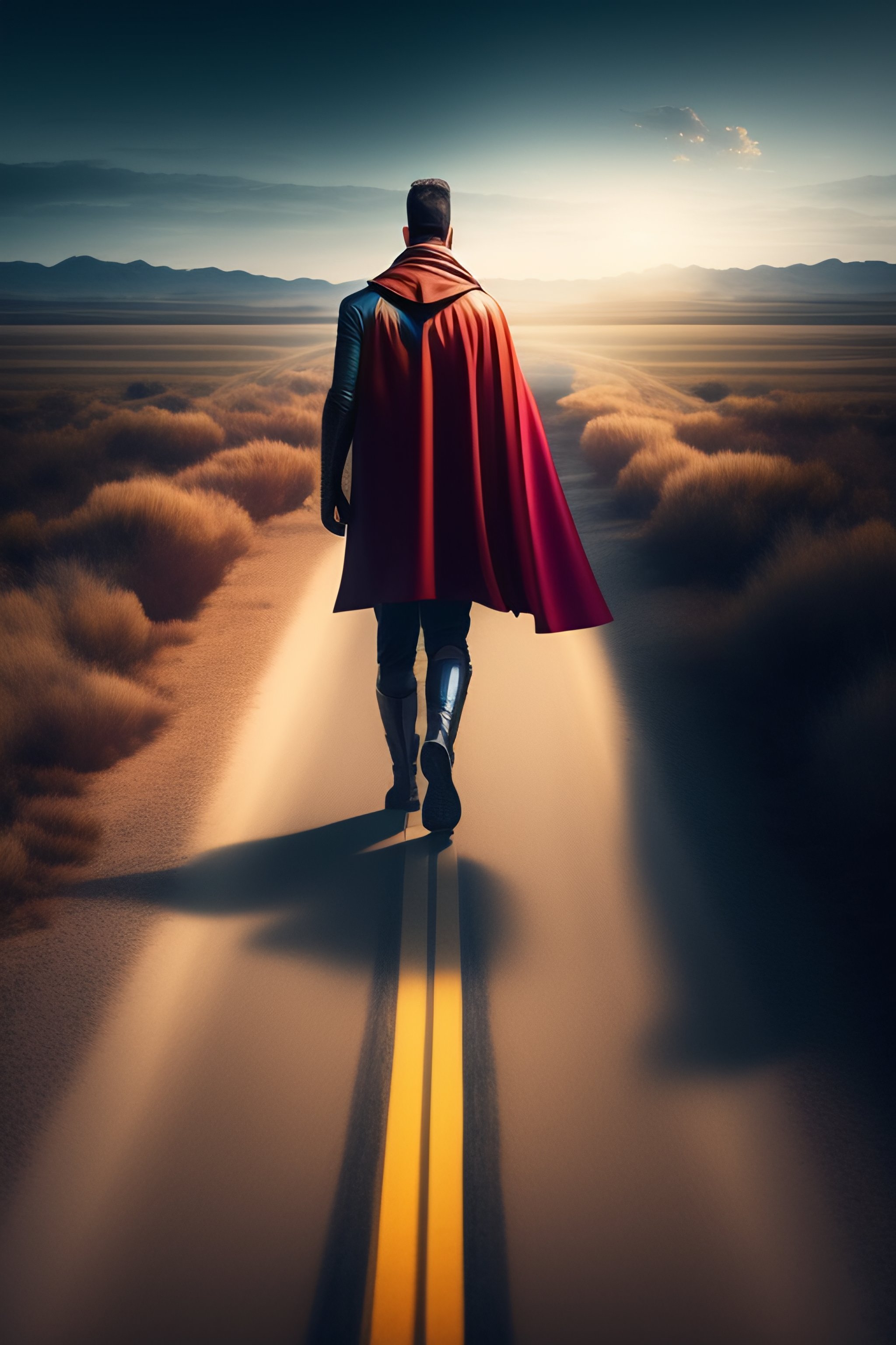 Lexica - Photo from the back of a superhero wearing a cape walking on a ...