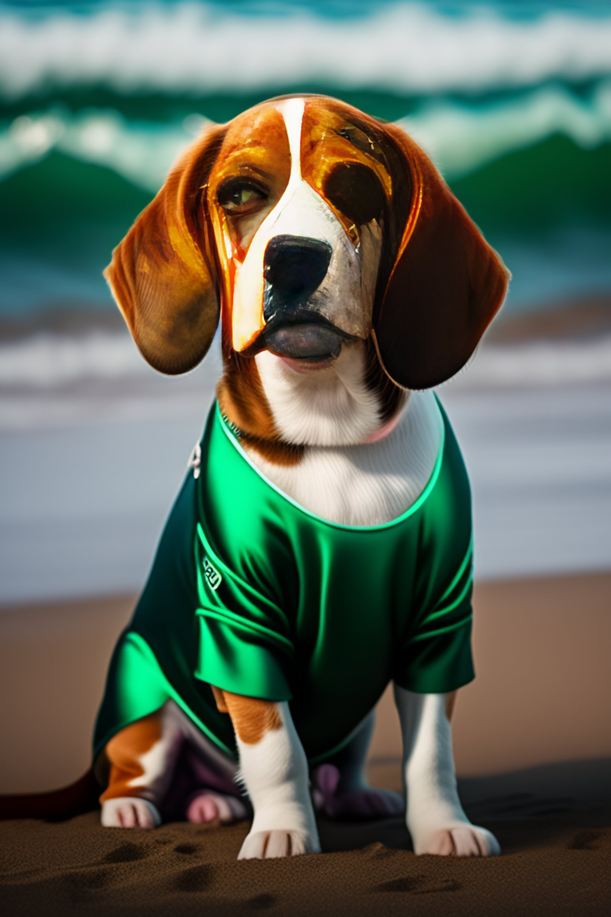Lexica - Beagle puppy wearing emerald dress on the night beach