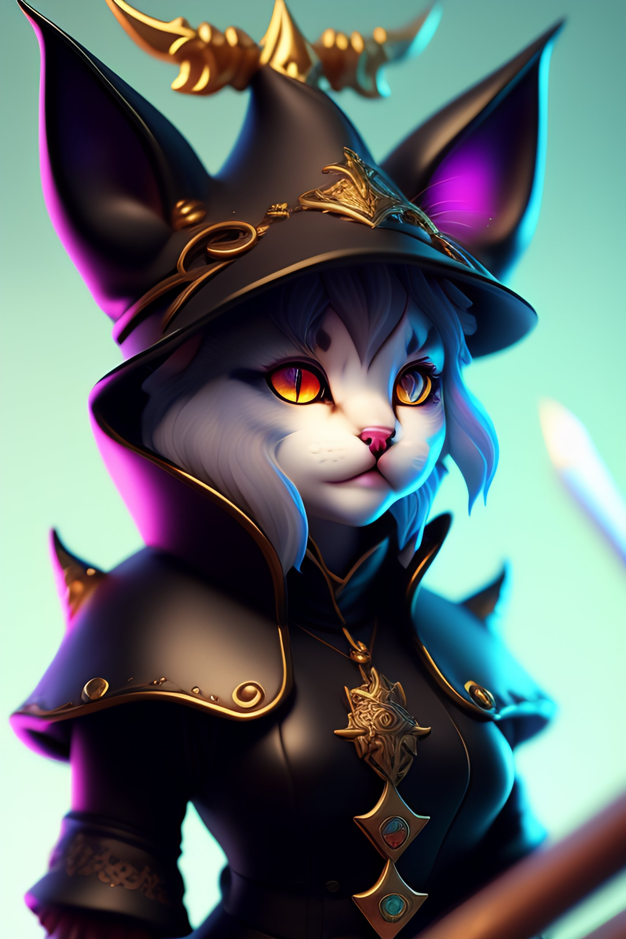 Lexica - Closeup of a cute cat witch with staff cloack and pack, D&D ...